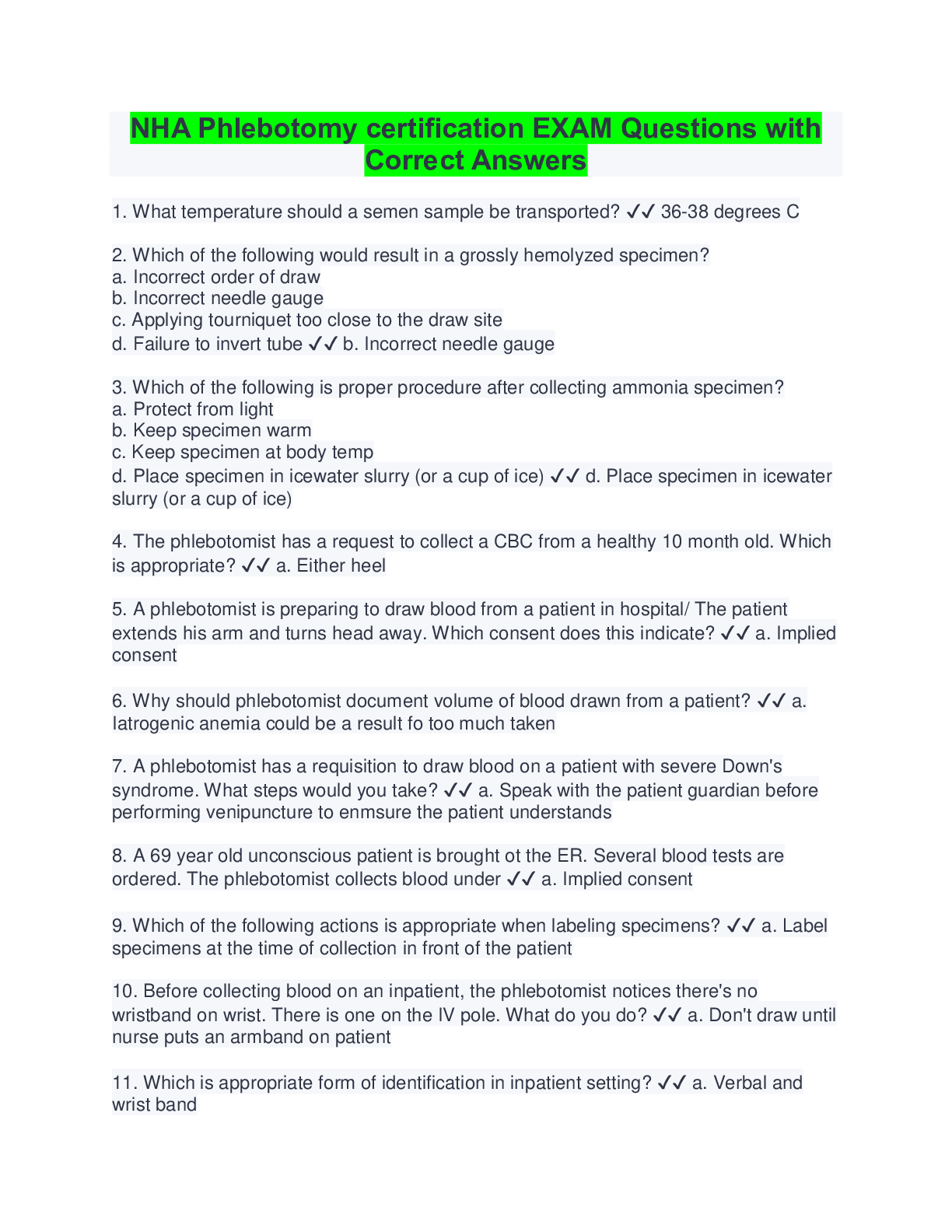 NHA Phlebotomy certification EXAM Questions with Correct Answers ...