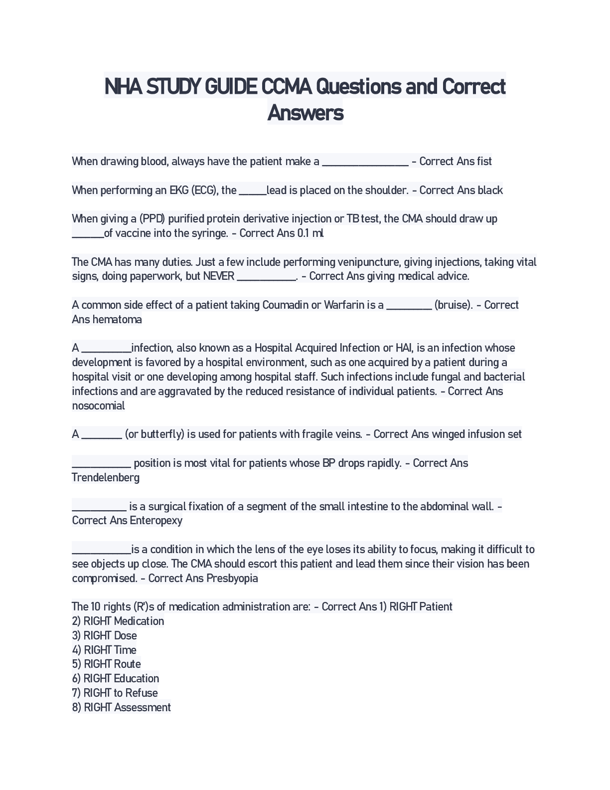 NHA STUDY GUIDE CCMA Questions and Correct Answers - Scholarfriends