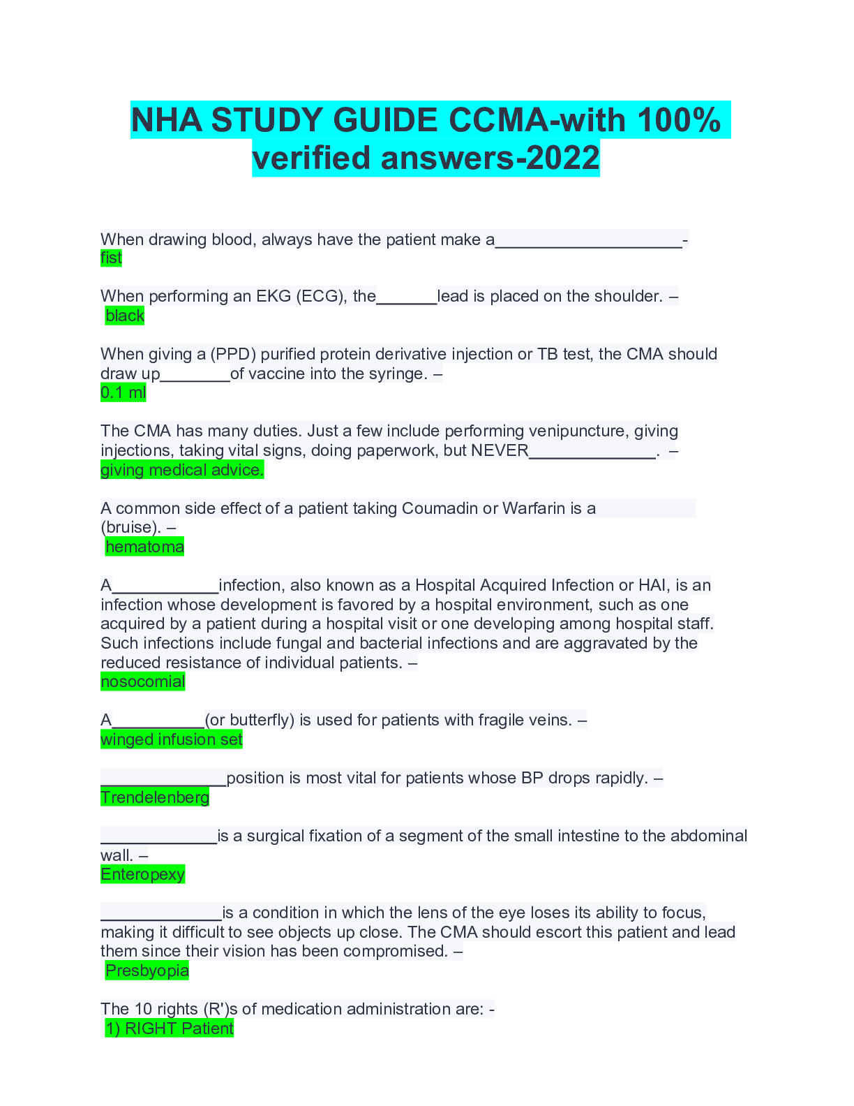 NHA STUDY GUIDE CCMA-with 100% verified answers-2022 - Scholarfriends