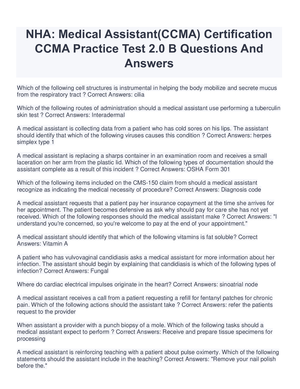 NHA: Medical Assistant(CCMA) Certification CCMA Practice Test 2.0 B ...