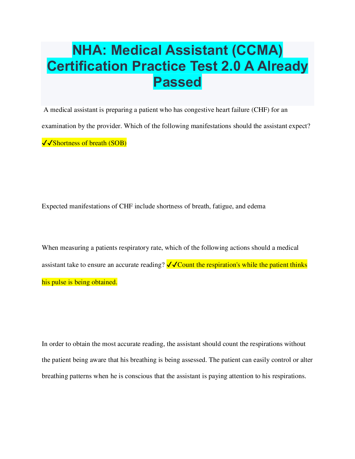 NHA: Medical Assistant (CCMA) Certification Practice Test 2.0 A Already ...