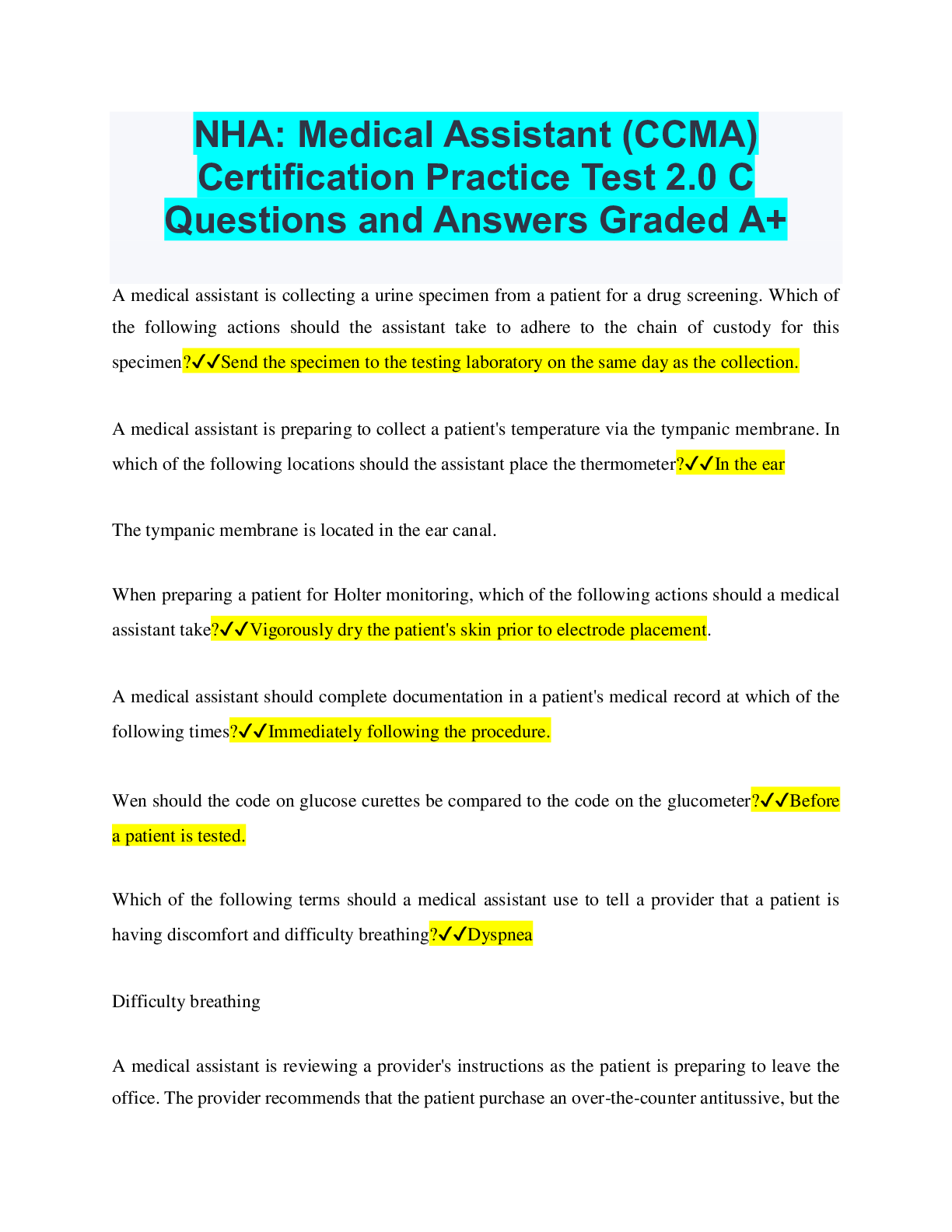 NHA: Medical Assistant (CCMA) Certification Practice Test 2.0 C ...