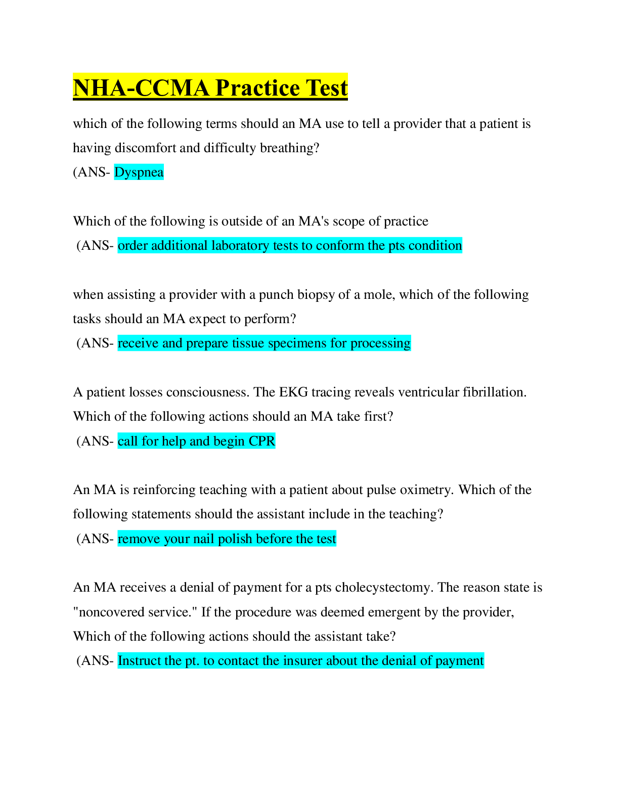 NHA-CCMA Practice Test/Questions & Answers/Latest 2022:2023 ...