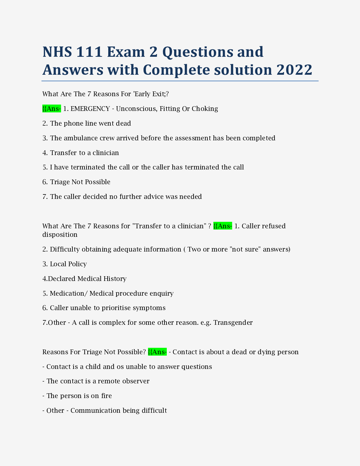 NHS 111 Exam 2 Questions and Answers with Complete solution 2022 ...