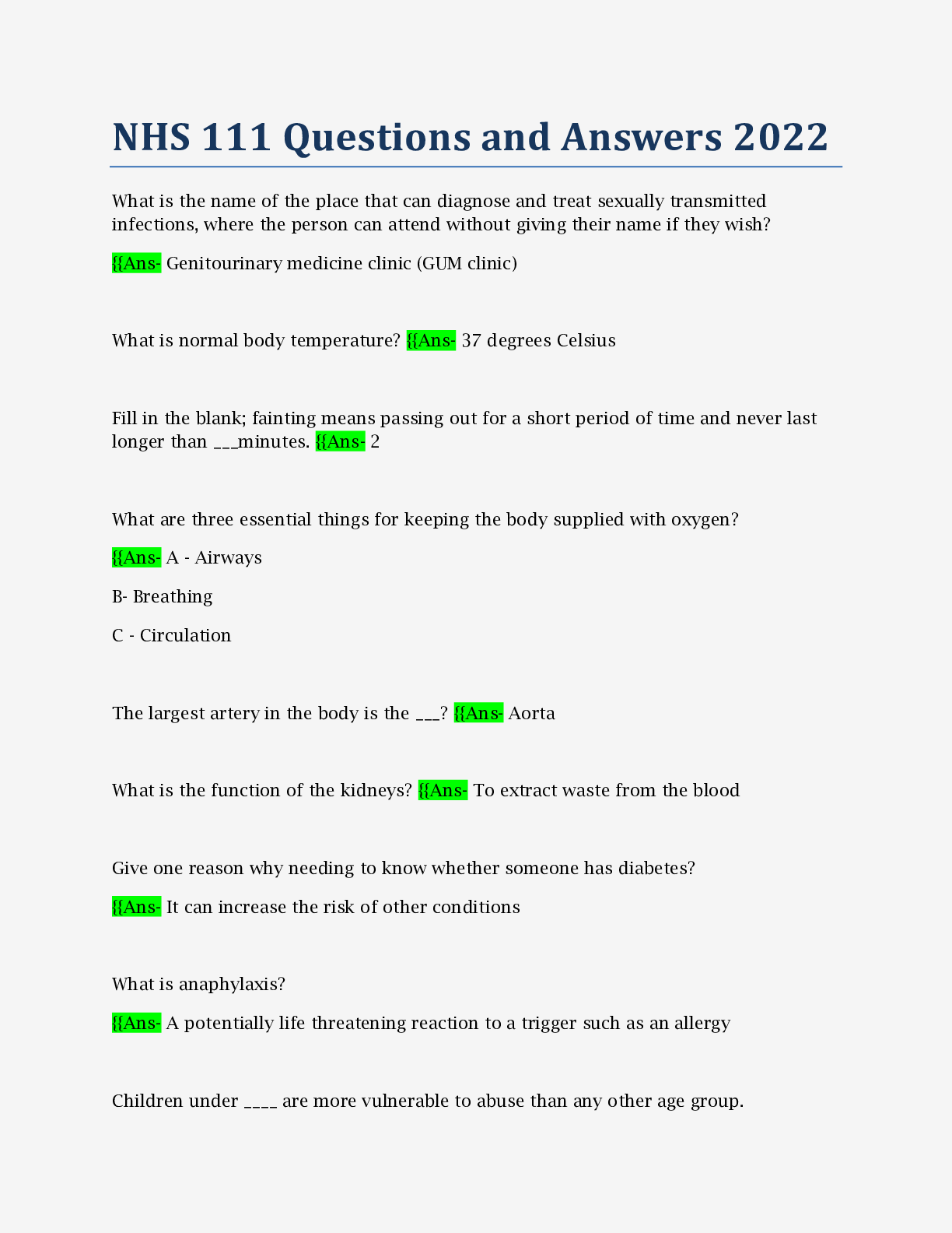 NHS 111 Questions and Answers 2022 - Scholarfriends