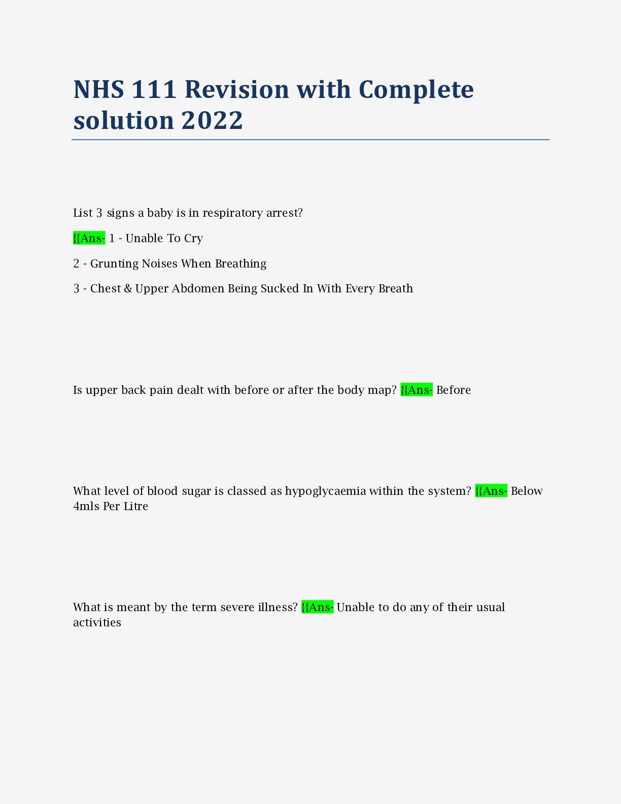 NHS 111 Revision with Complete solution 2022 - Scholarfriends