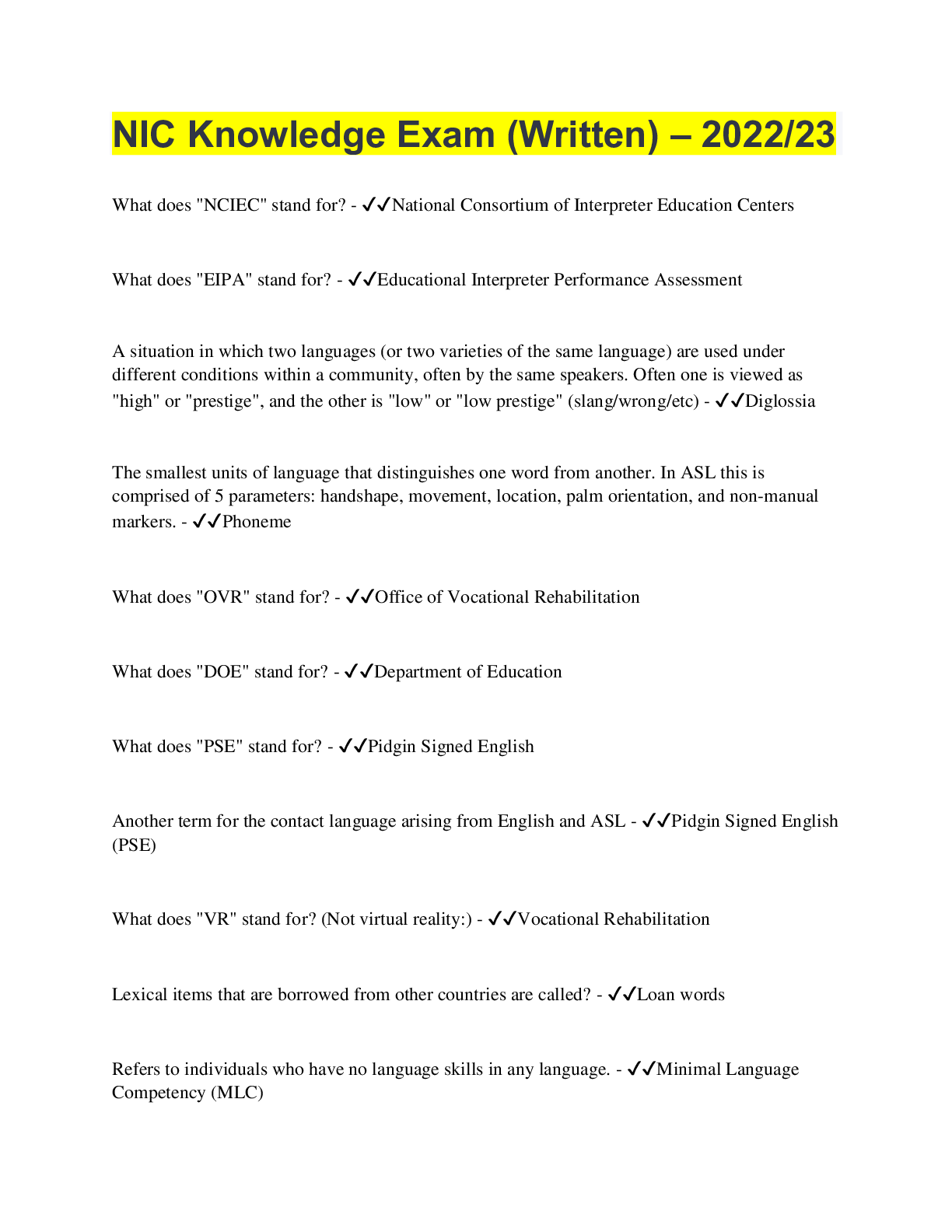 NIC Knowledge Exam (Written) – 2022/23 (363 Questions with 100% Correct ...