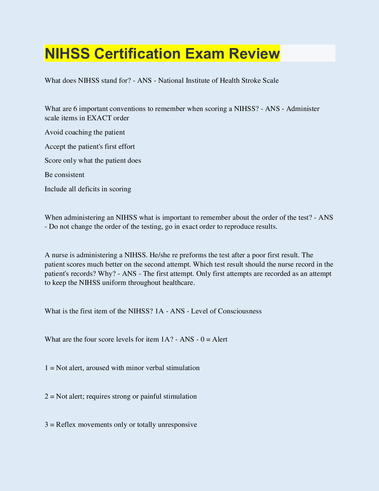 NIHSS Certification Exam Review | with 100% Correct Answers | Updated ...
