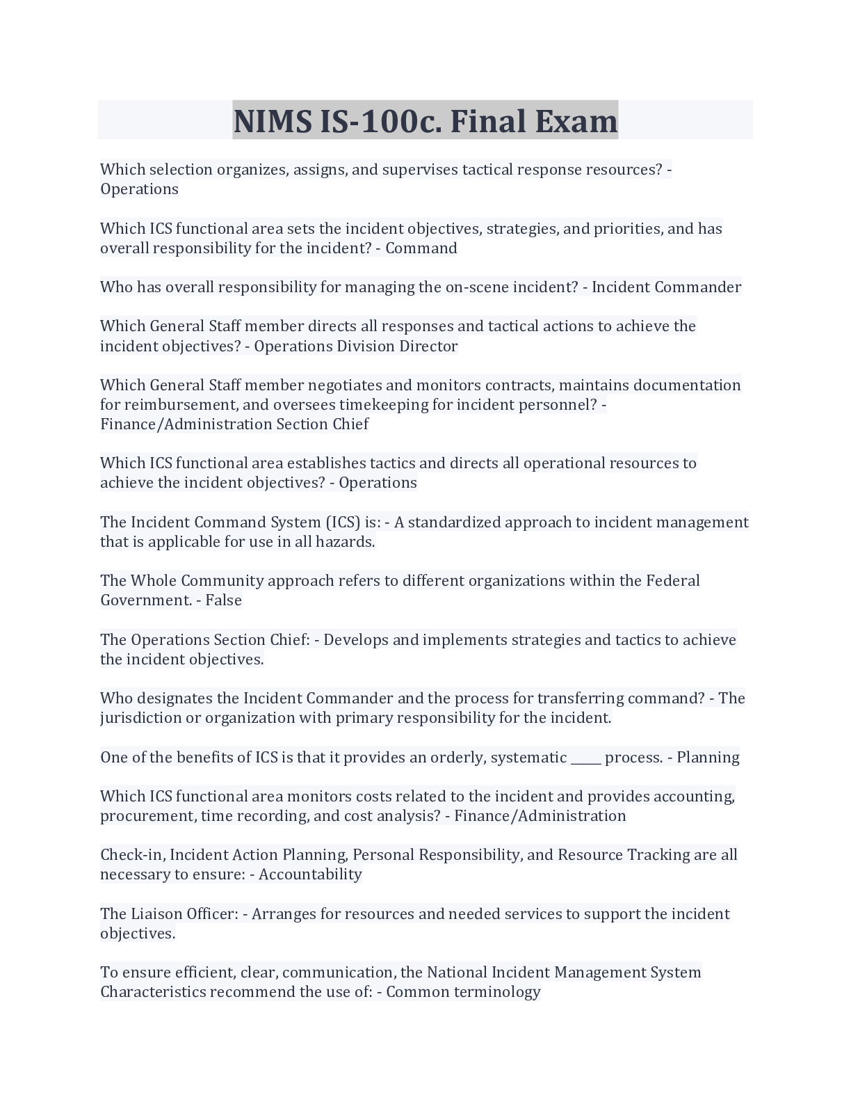 NIMS IS-100c. Final Exam Graded A+ - Scholarfriends