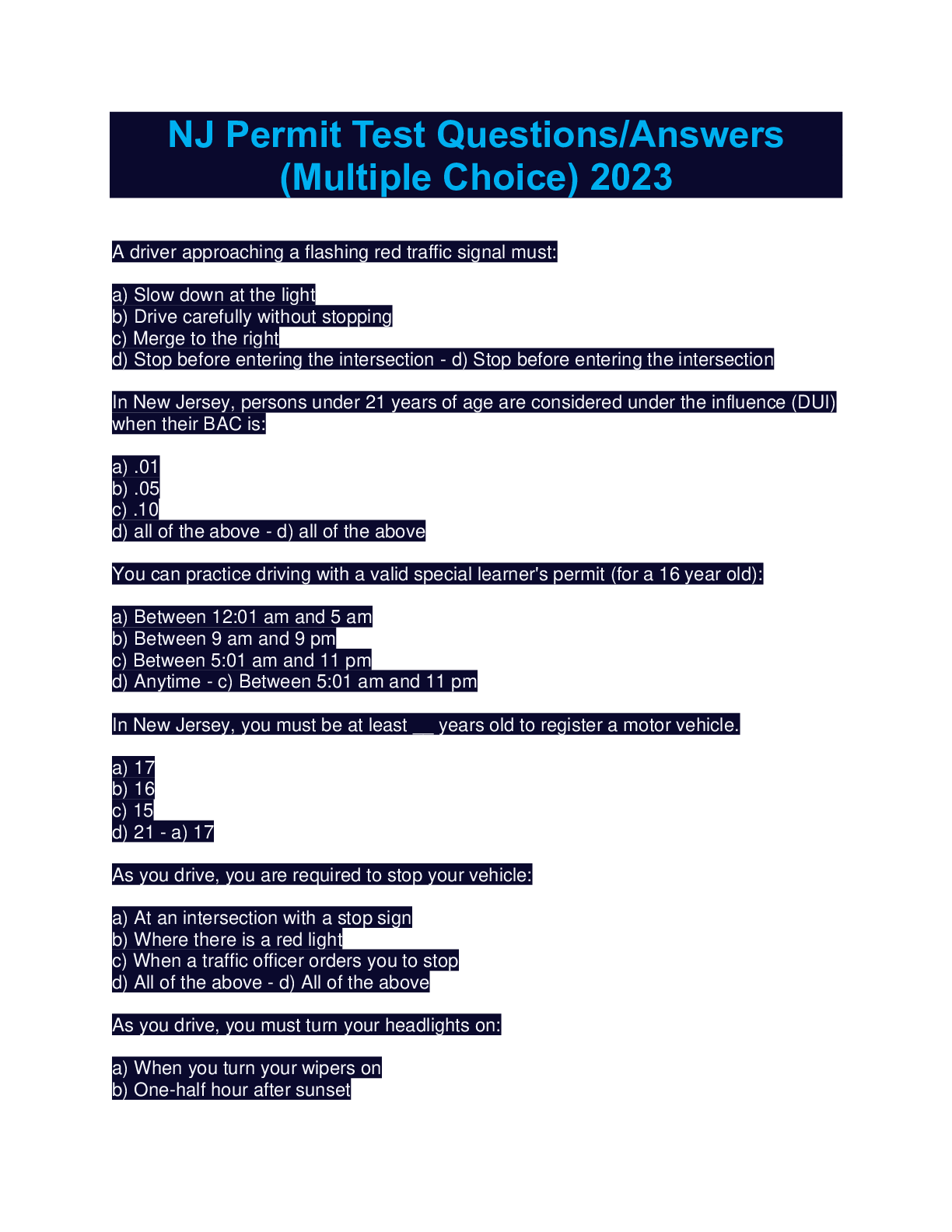 NJ Permit Test Questions/Answers (Multiple Choice) 2023 - Scholarfriends