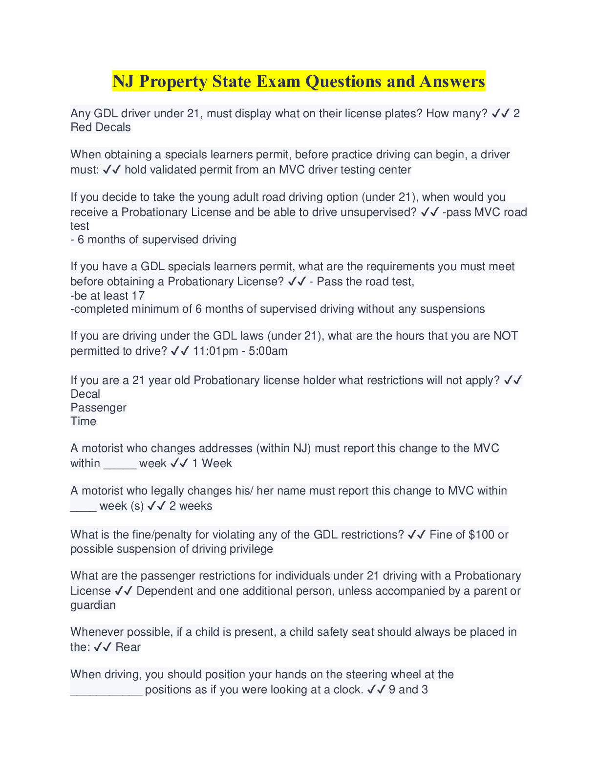 NJ Property State Exam Questions and Answers - Scholarfriends