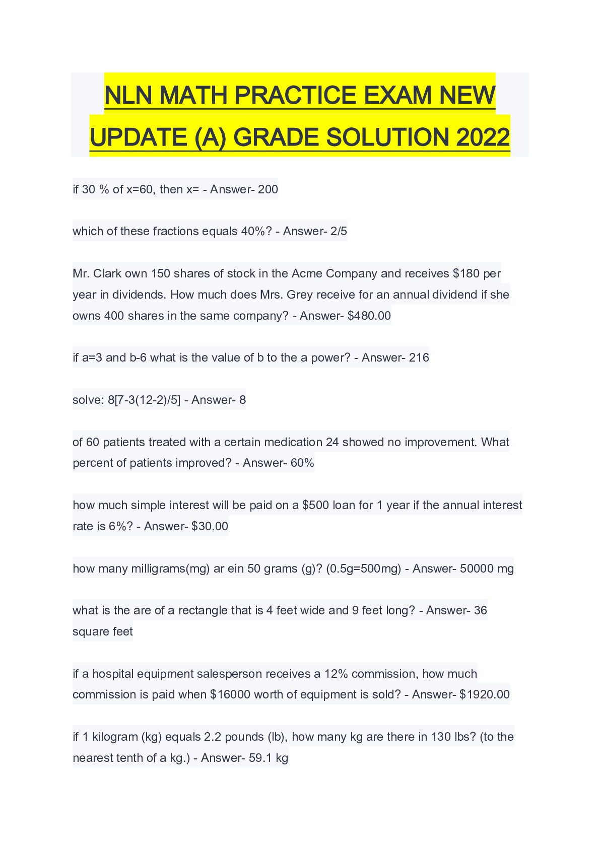 NLN MATH PRACTICE EXAM NEW UPDATE (A) GRADE SOLUTION 2022 - Scholarfriends