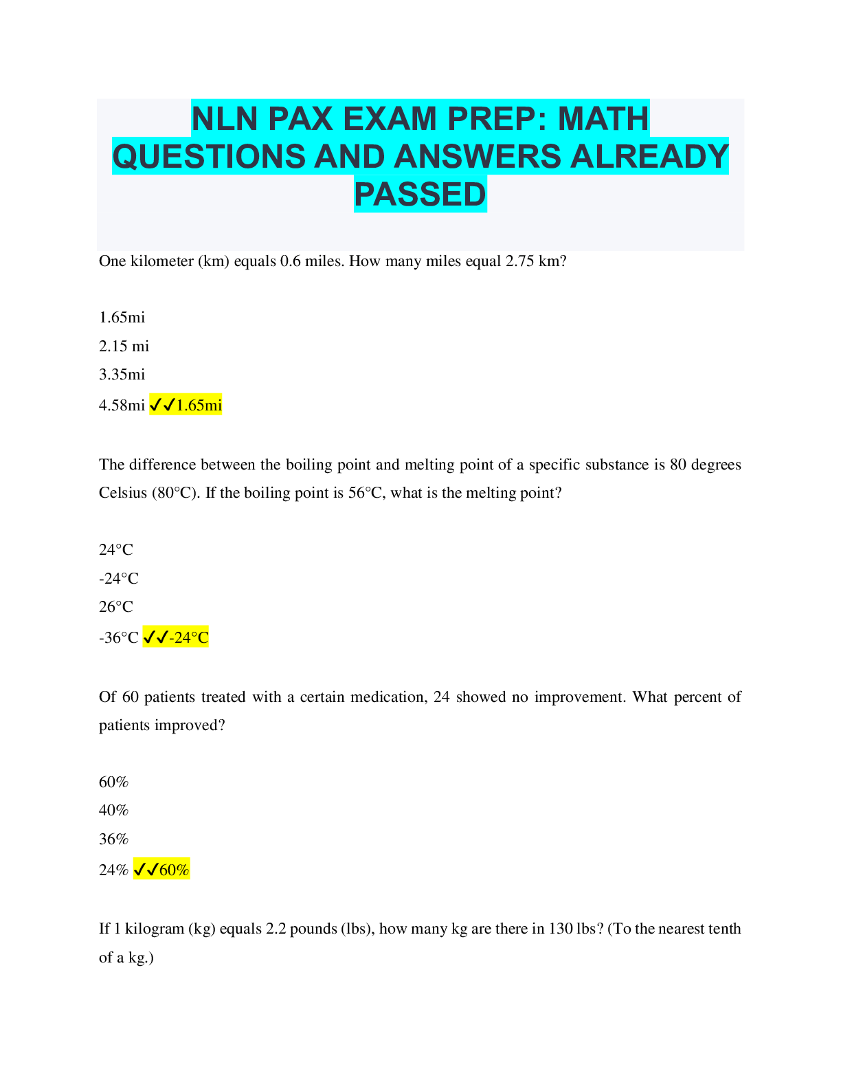 NLN PAX BUNDLED EXAM QUESTIONS AND ANSWERS WITH COMPLETE SOLUTIONS ...