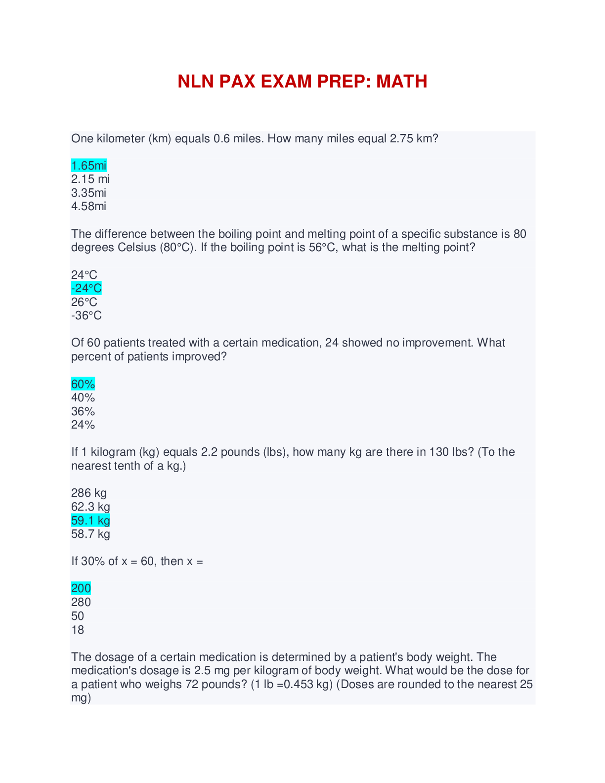 NLN PAX EXAM PREP: MATH - QUESTIONS AND ANSWERS - Scholarfriends