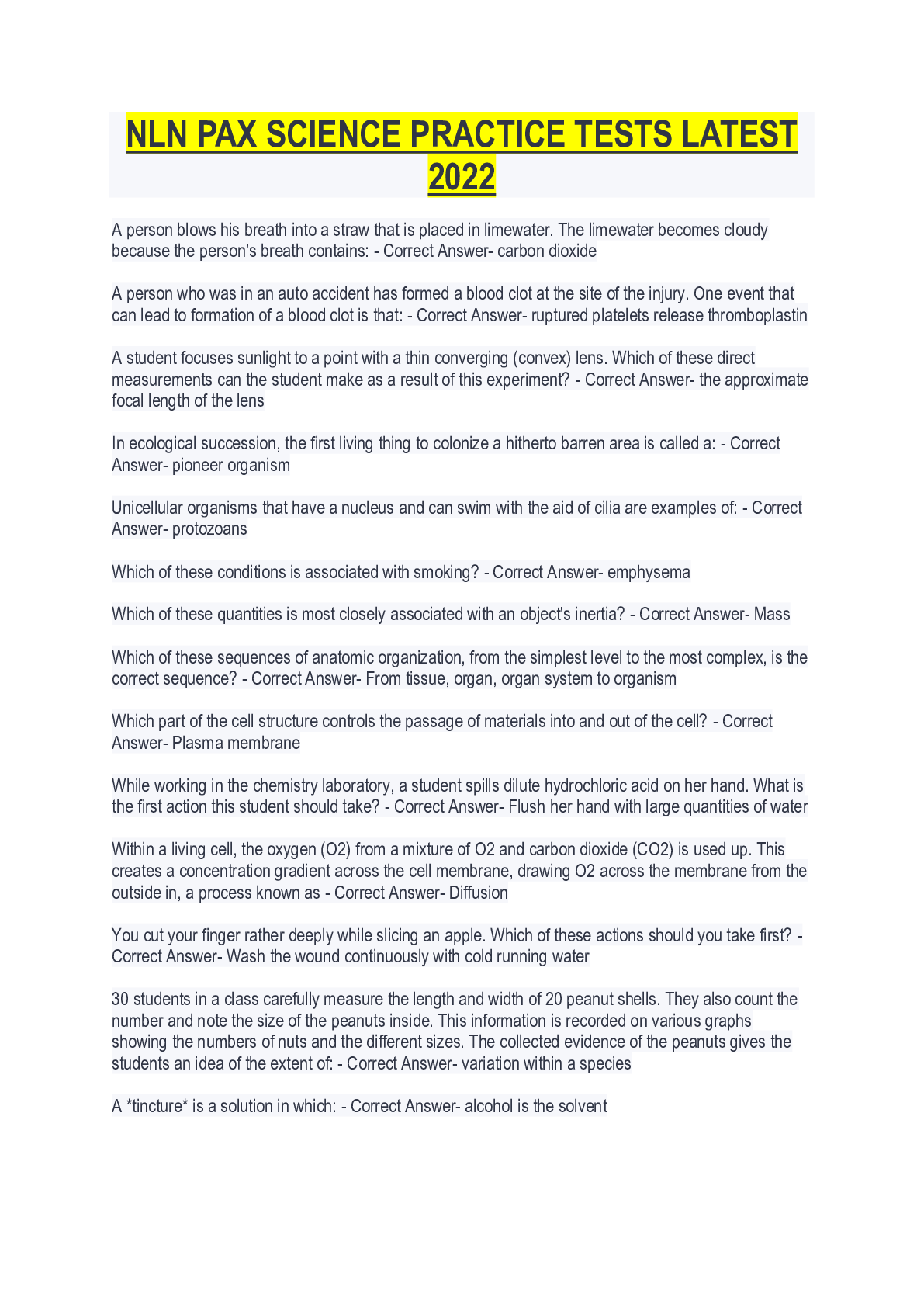 NLN PAX SCIENCE PRACTICE TESTS LATEST 2022 - Scholarfriends