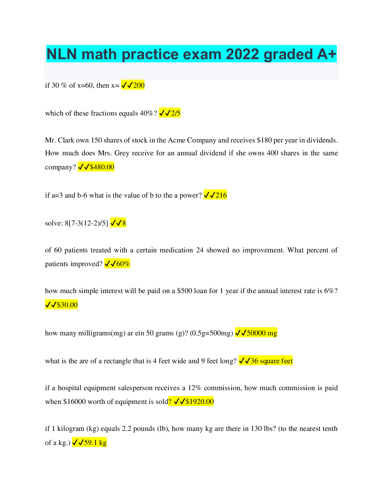 NLN math practice exam 2022 graded A+ - Scholarfriends