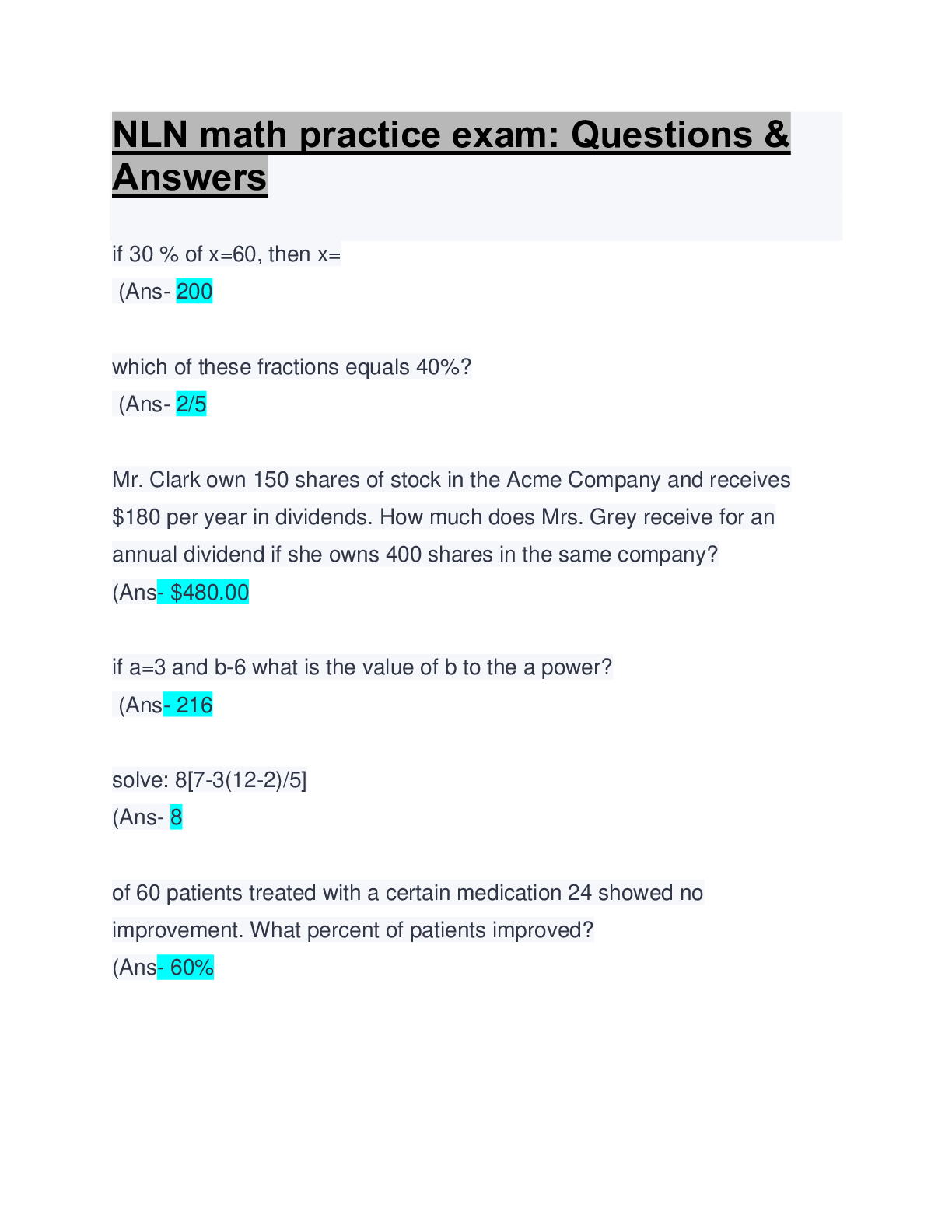 NLN math practice exam: Questions & Answers; Latest Updated ...
