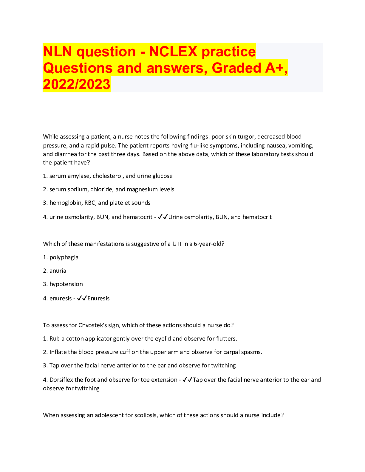 NLN question - NCLEX practice Questions and answers, Graded A+, 2022/ ...