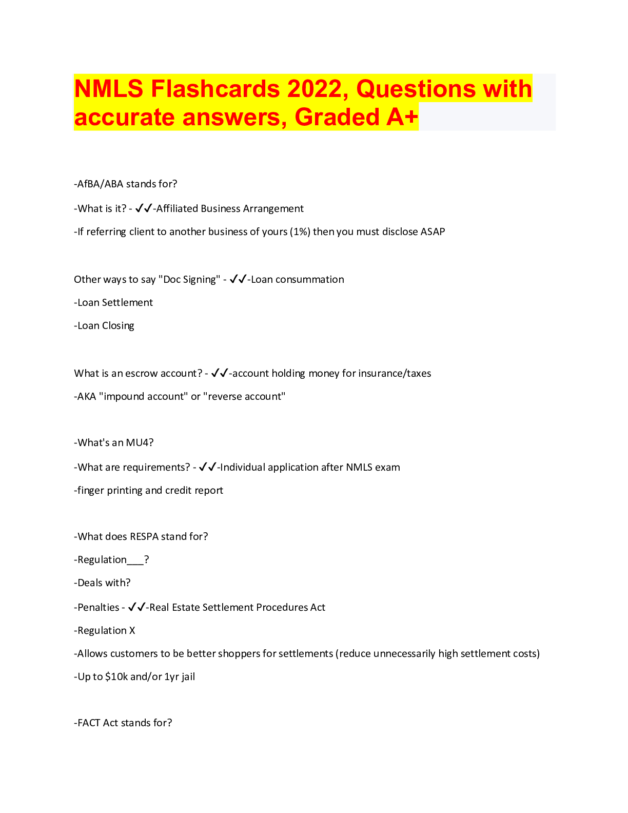 NMLS Flashcards 2022, Questions with accurate answers, Graded A+ ...