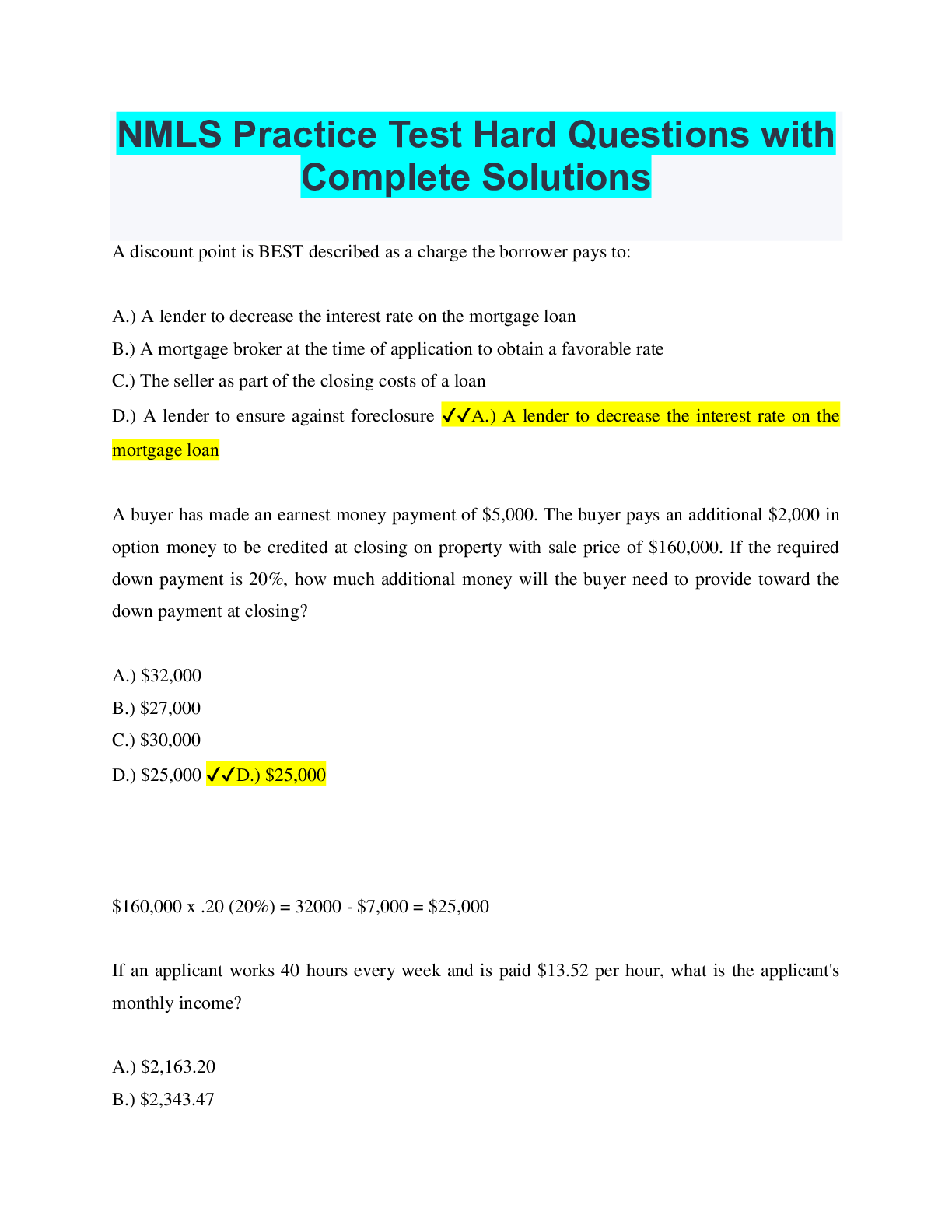 NMLS Practice Test Hard Questions with Complete Solutions - Scholarfriends