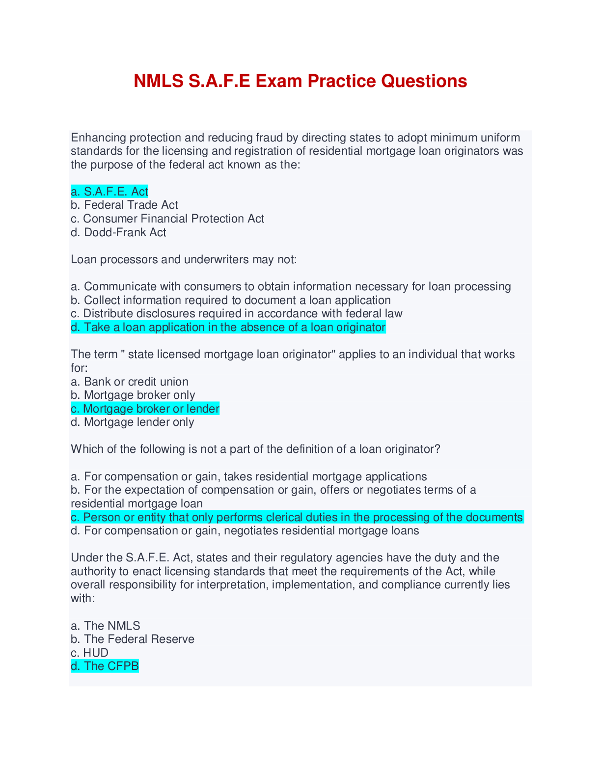 NMLS S.A.F.E Exam Practice Questions And Answers Multiple Choices ...