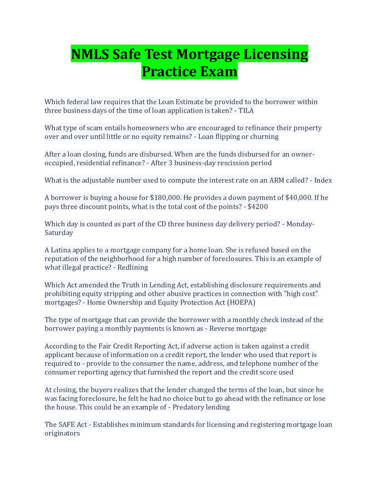 NMLS Safe Test Mortgage Licensing Practice Exam Questions And Answers ...