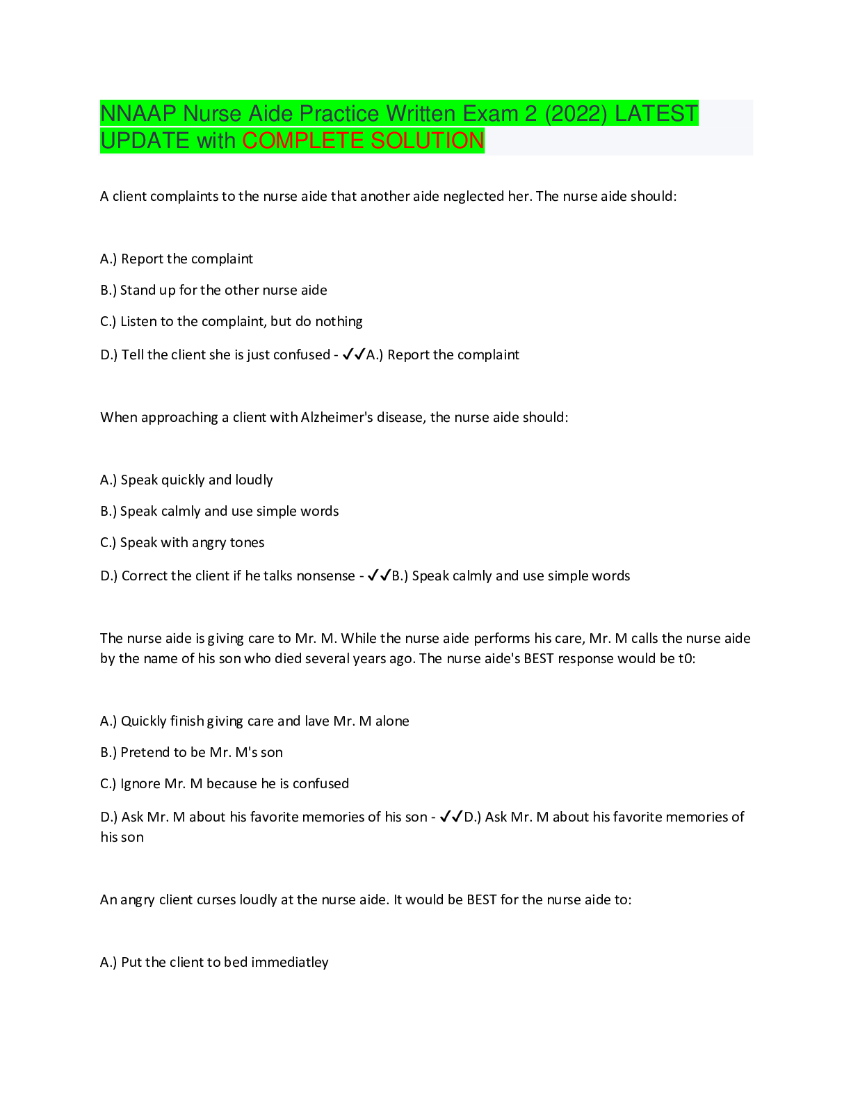NNAAP Nurse Aide Practice Written Exam 2 (2022) LATEST UPDATE with ...