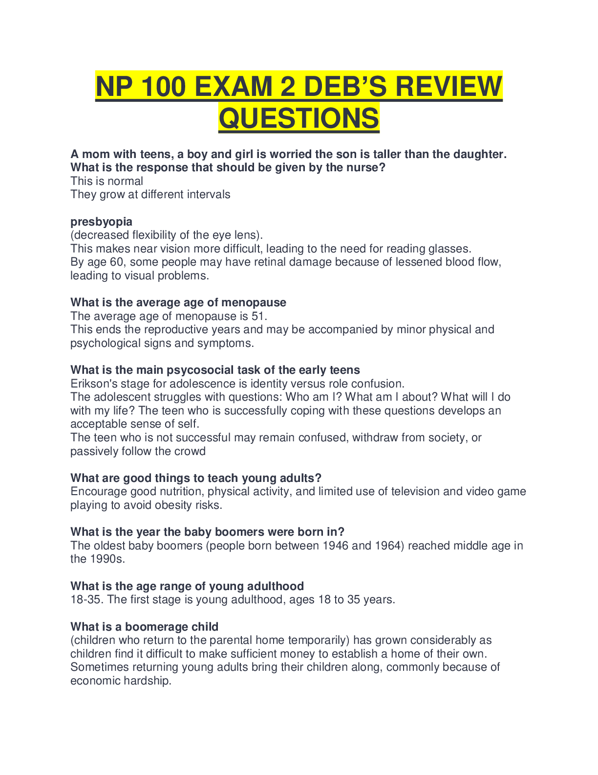 NP 100 EXAM 2 DEB’S REVIEW QUESTIONS AND ANSWERS COMPLETE AND GRADED A+ ...