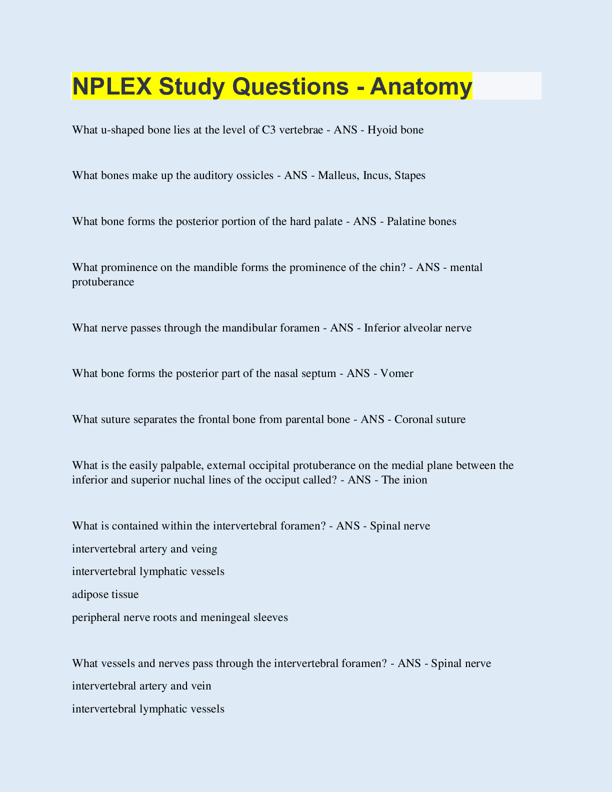 NPLEX Study Questions - Anatomy - Scholarfriends