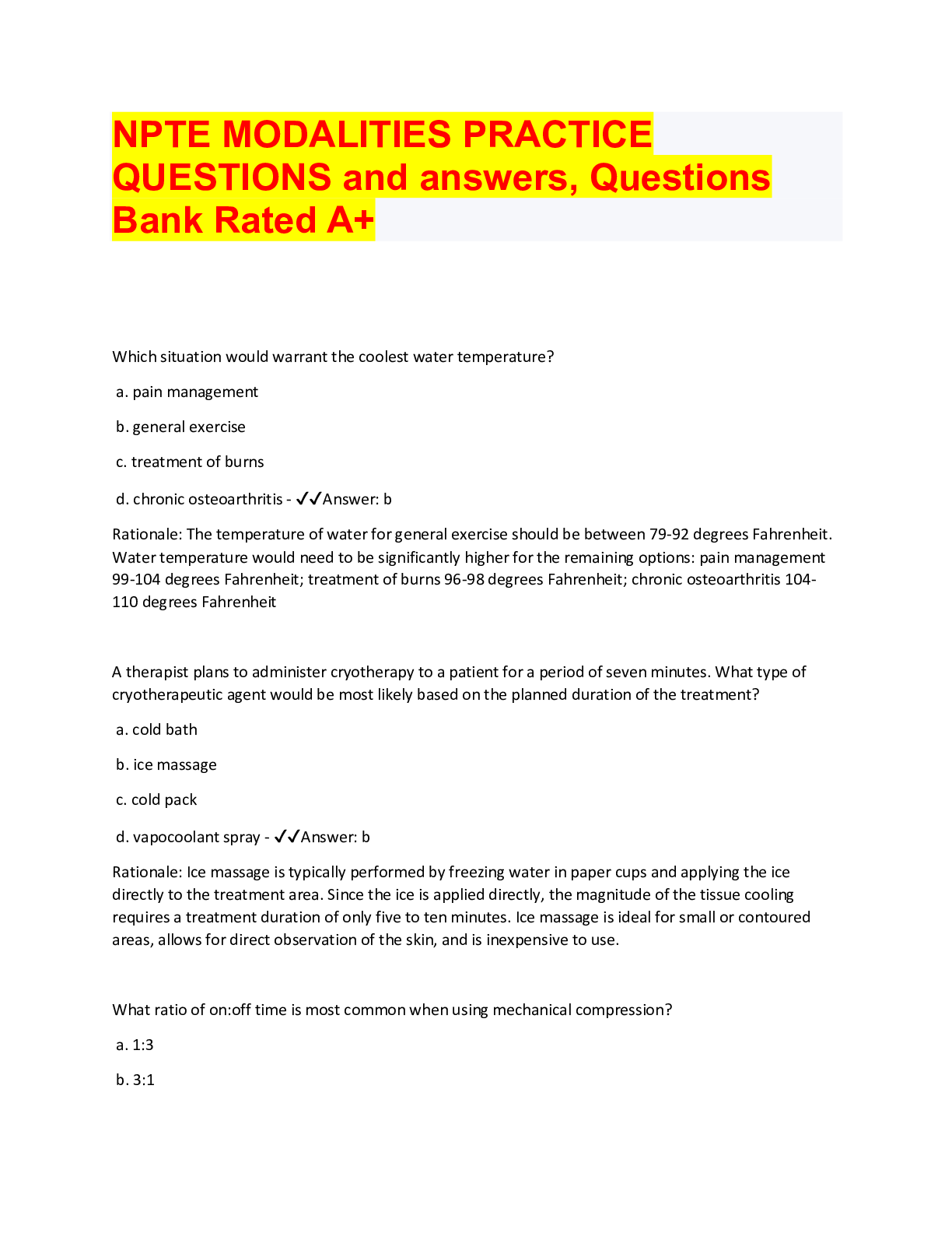 NPTE MODALITIES PRACTICE QUESTIONS and answers, Questions Bank Rated A+ ...