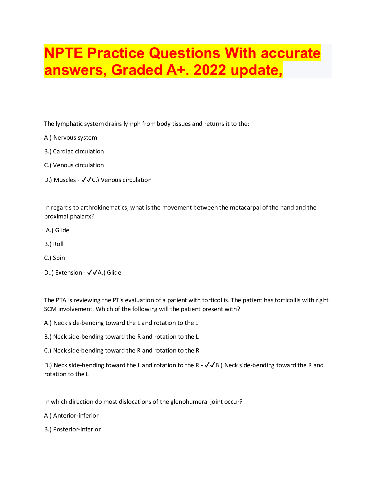 NPTE Practice Questions With accurate answers, Graded A+. 2022 update ...