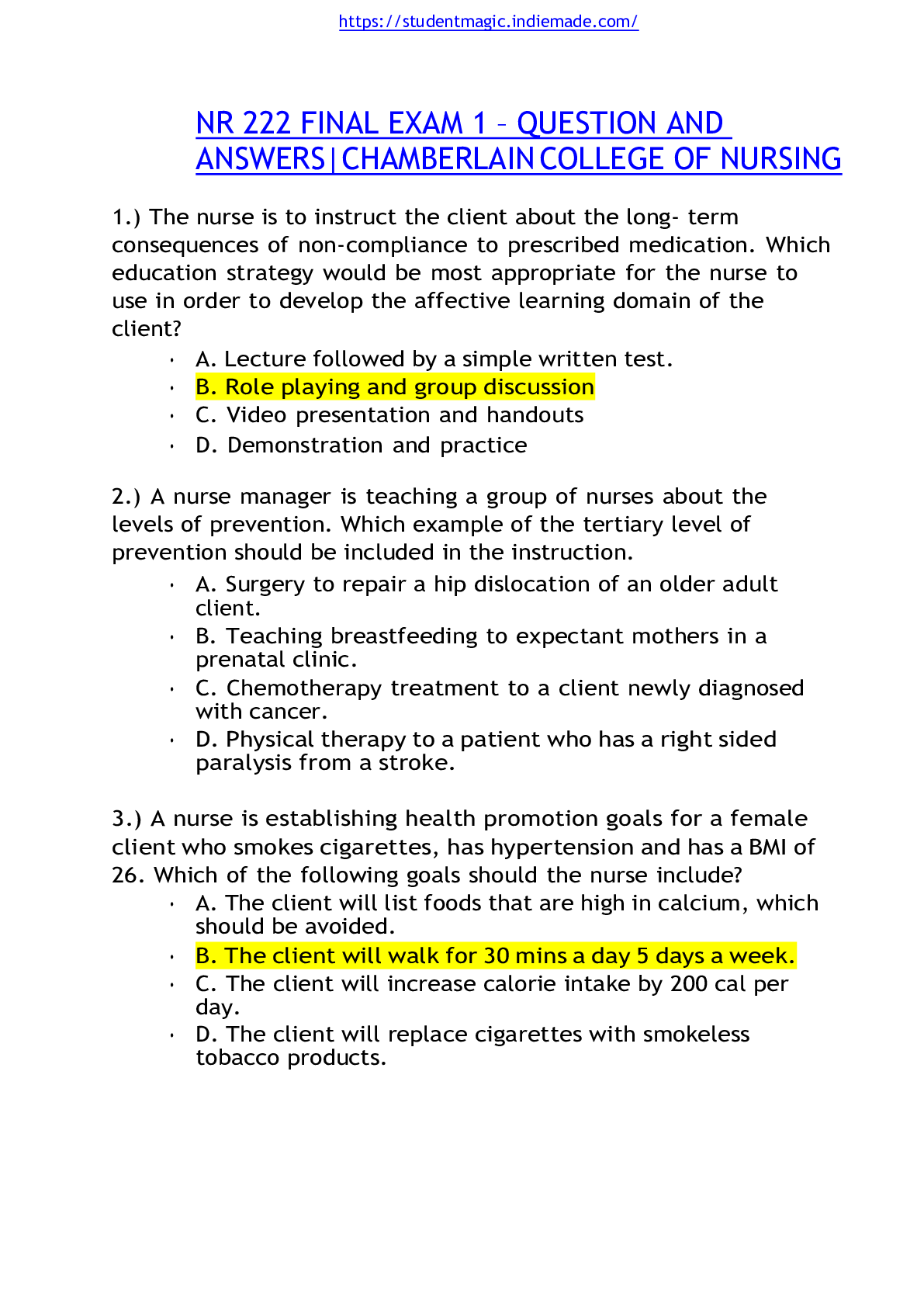 NR 222 FINAL EXAM 1 – QUESTION AND ANSWERSCHAMBERLAIN COLLEGE OF ...