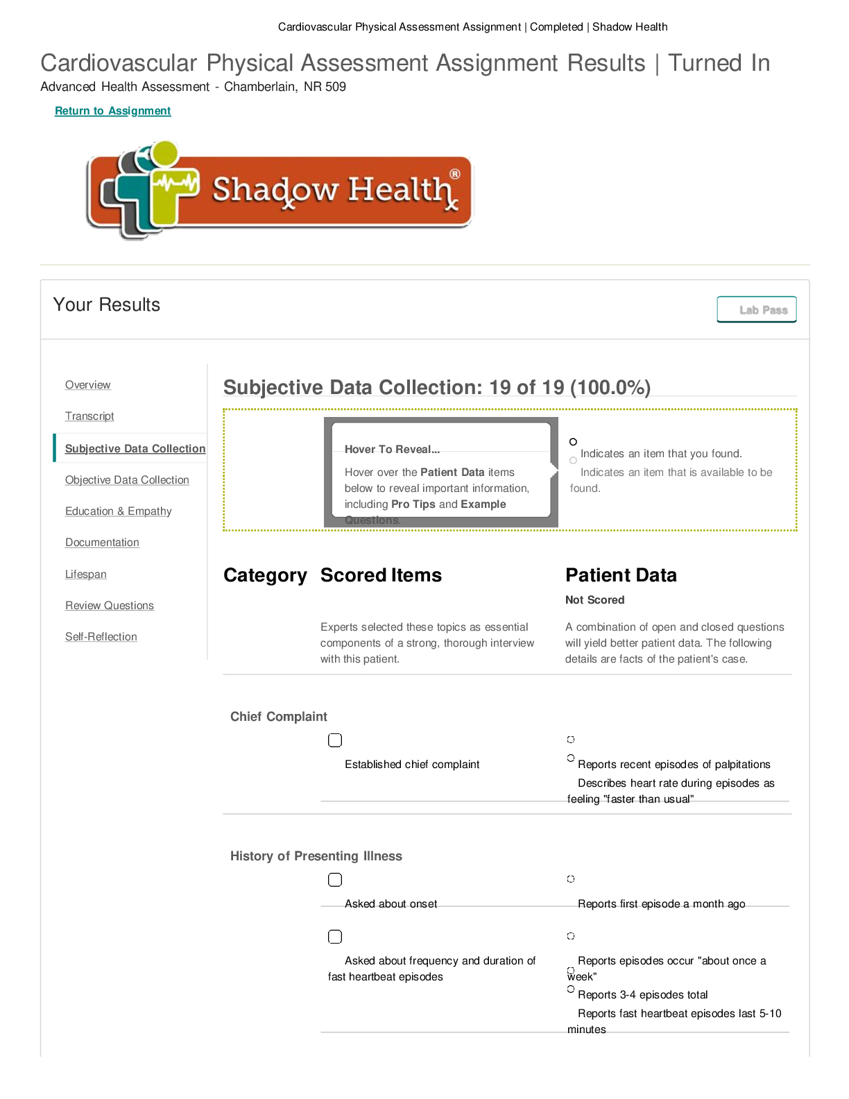 NR 509 Week 4 Shadow Health Cardiovascular Physical Assessment ...