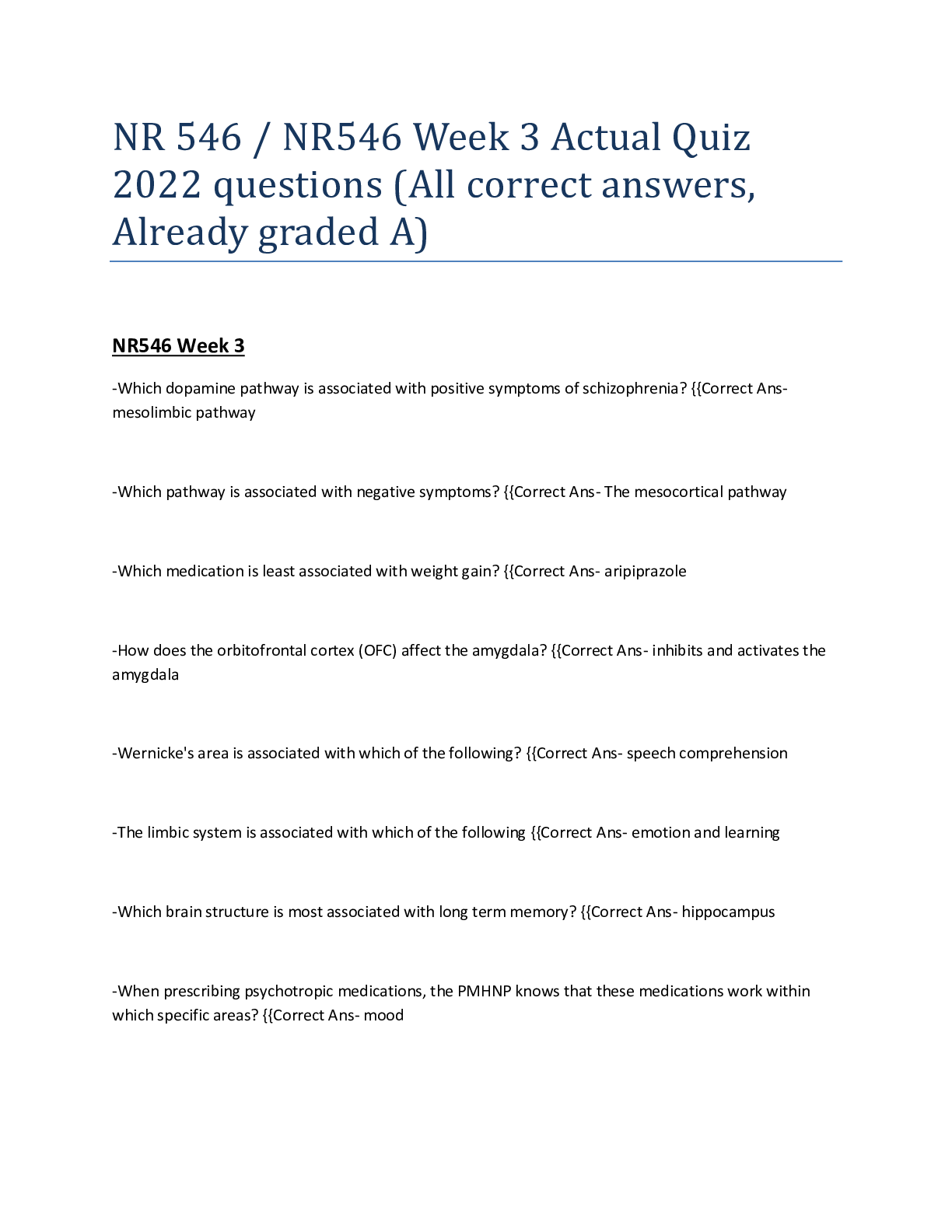 NR 546 / NR546 Week 3 Actual Quiz 2022 questions (All correct answers ...