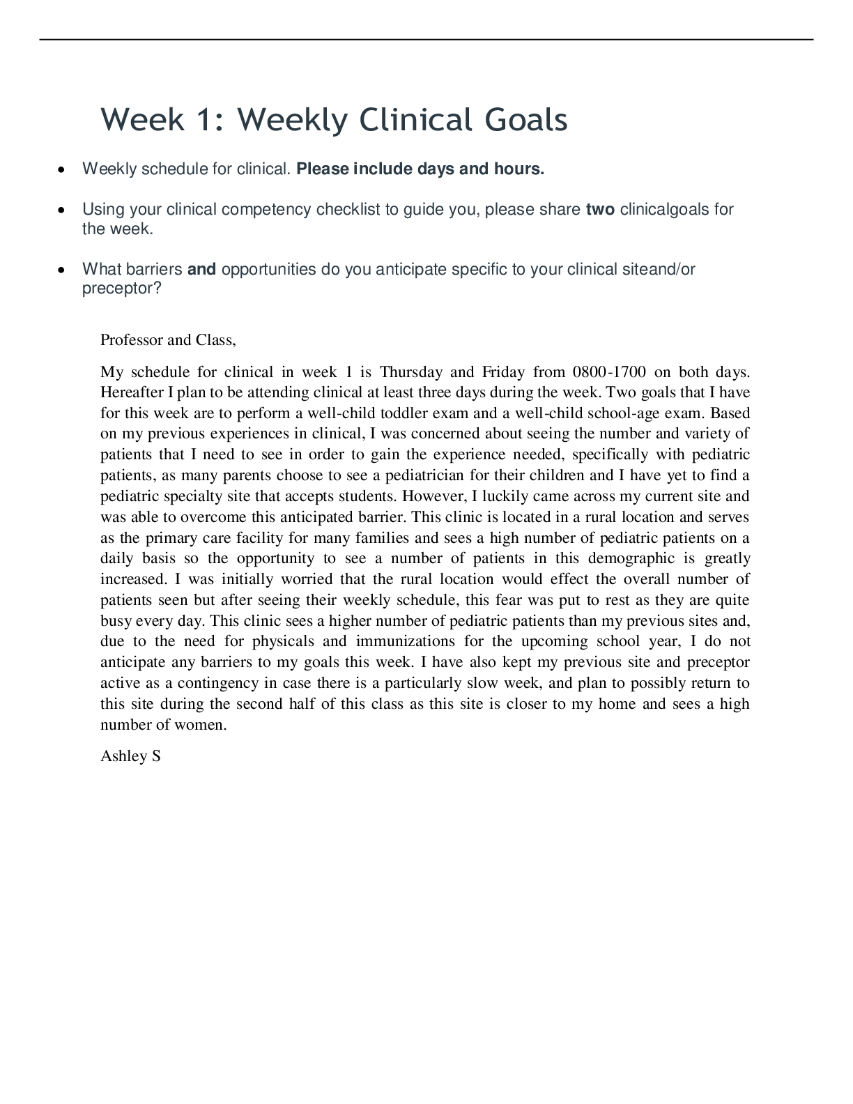 NR 601 Week 1 Weekly Clinical Goals VI-2021 - Scholarfriends