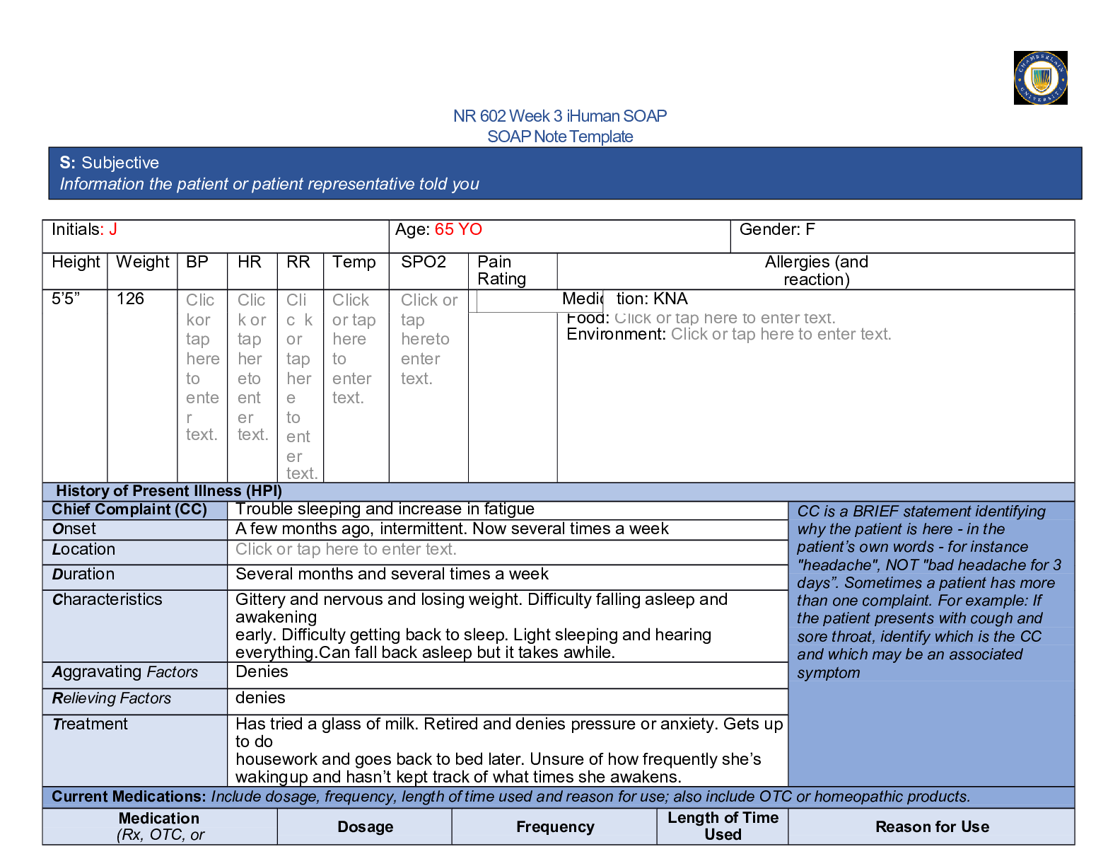 NR 602 Week 3 iHuman SOAP SOAP Note Template - Scholarfriends