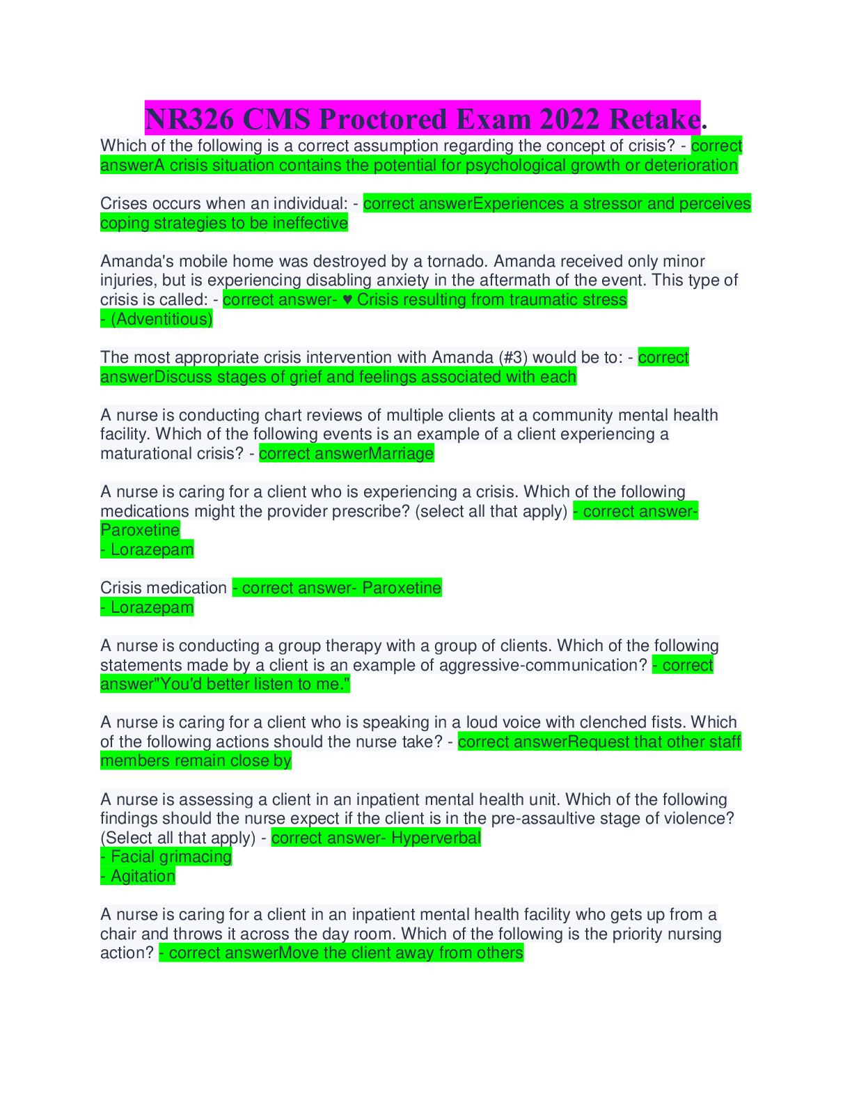 NR326 CMS Proctored Exam 2022 Retake. – Scholarfriends - Scholarfriends