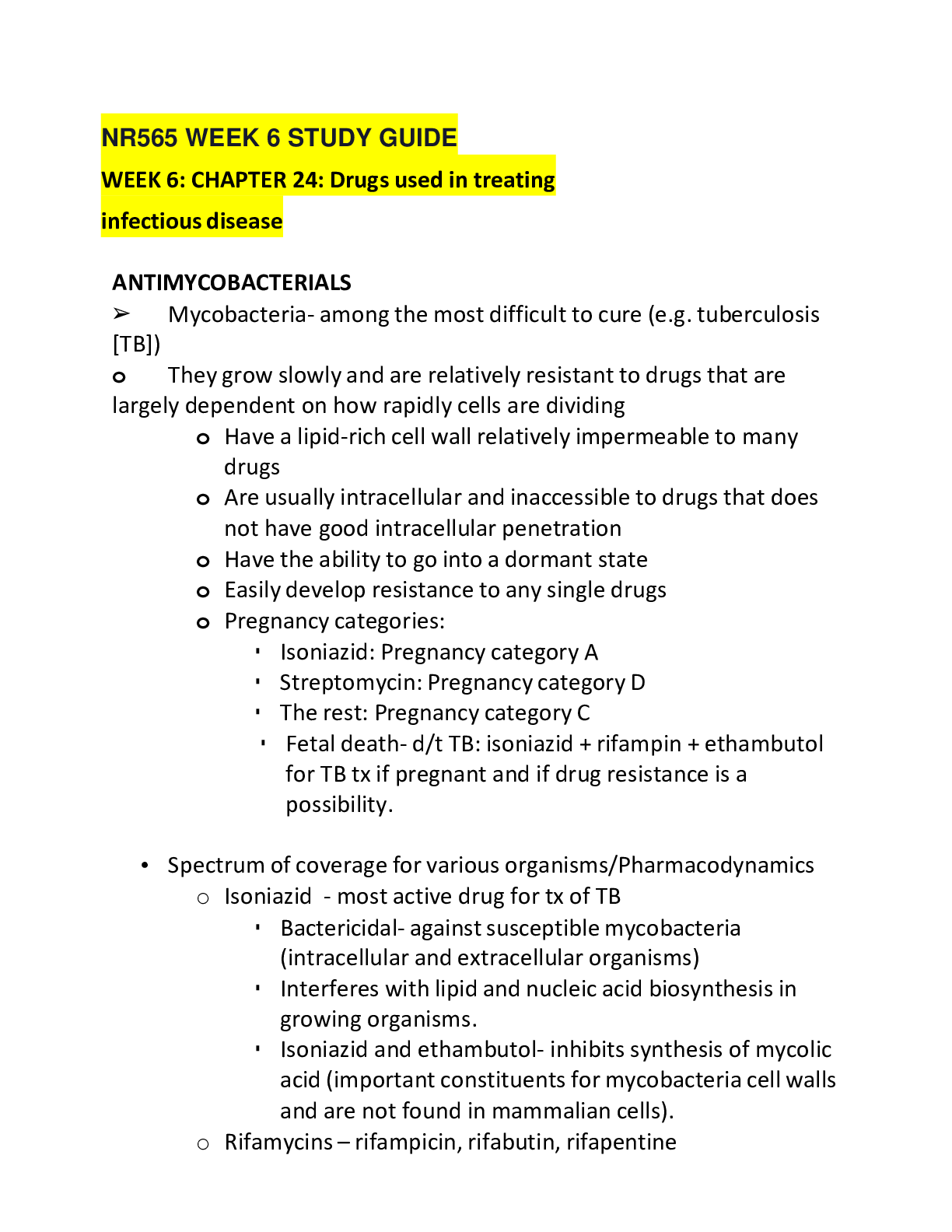 NR565 WEEK 6 STUDY GUIDE WEEK 6: CHAPTER 24: Drugs used in treating ...