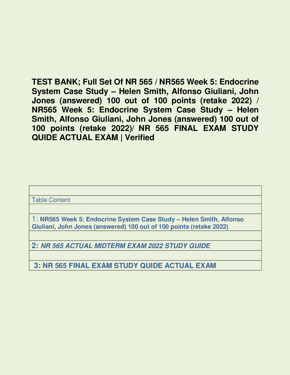 TEST BANK; Full Set Of NR 565 / NR565 Week 5: Endocrine System Case ...
