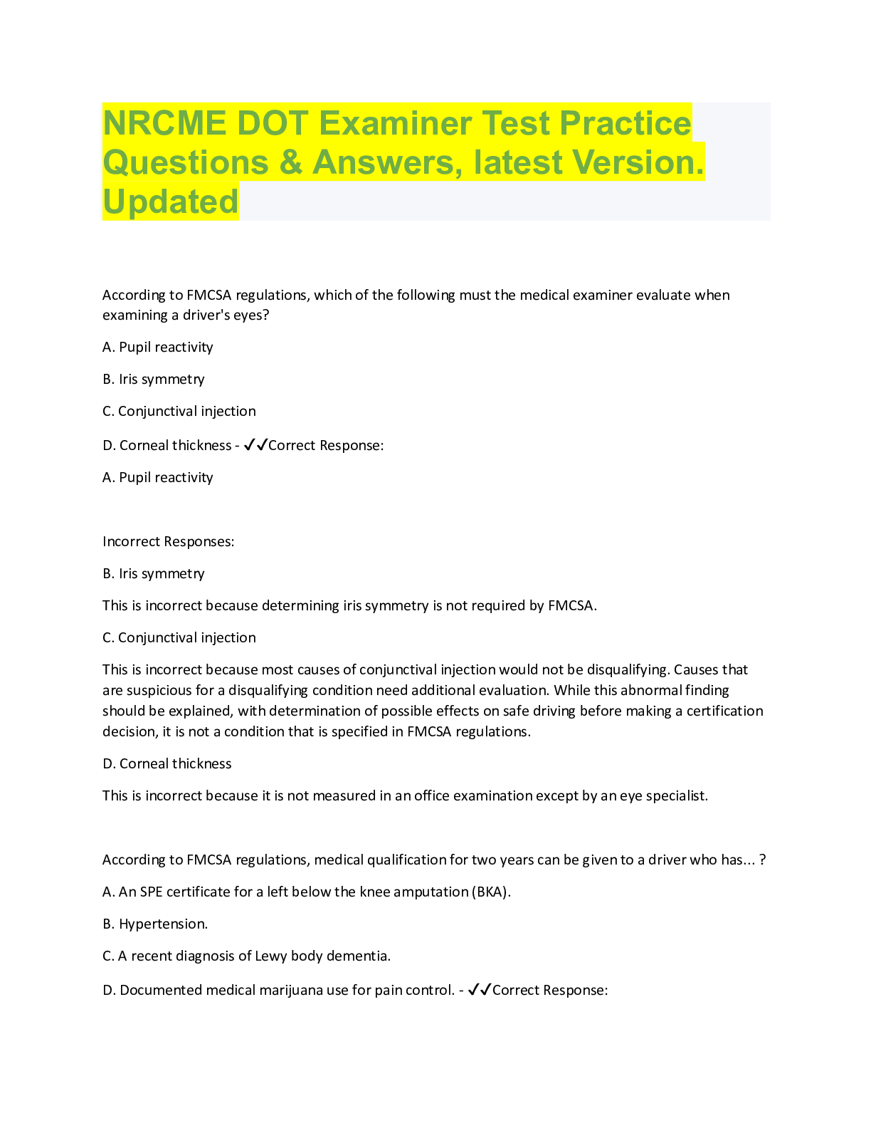 NRCME DOT Examiner Test Practice Questions & Answers, latest Version ...