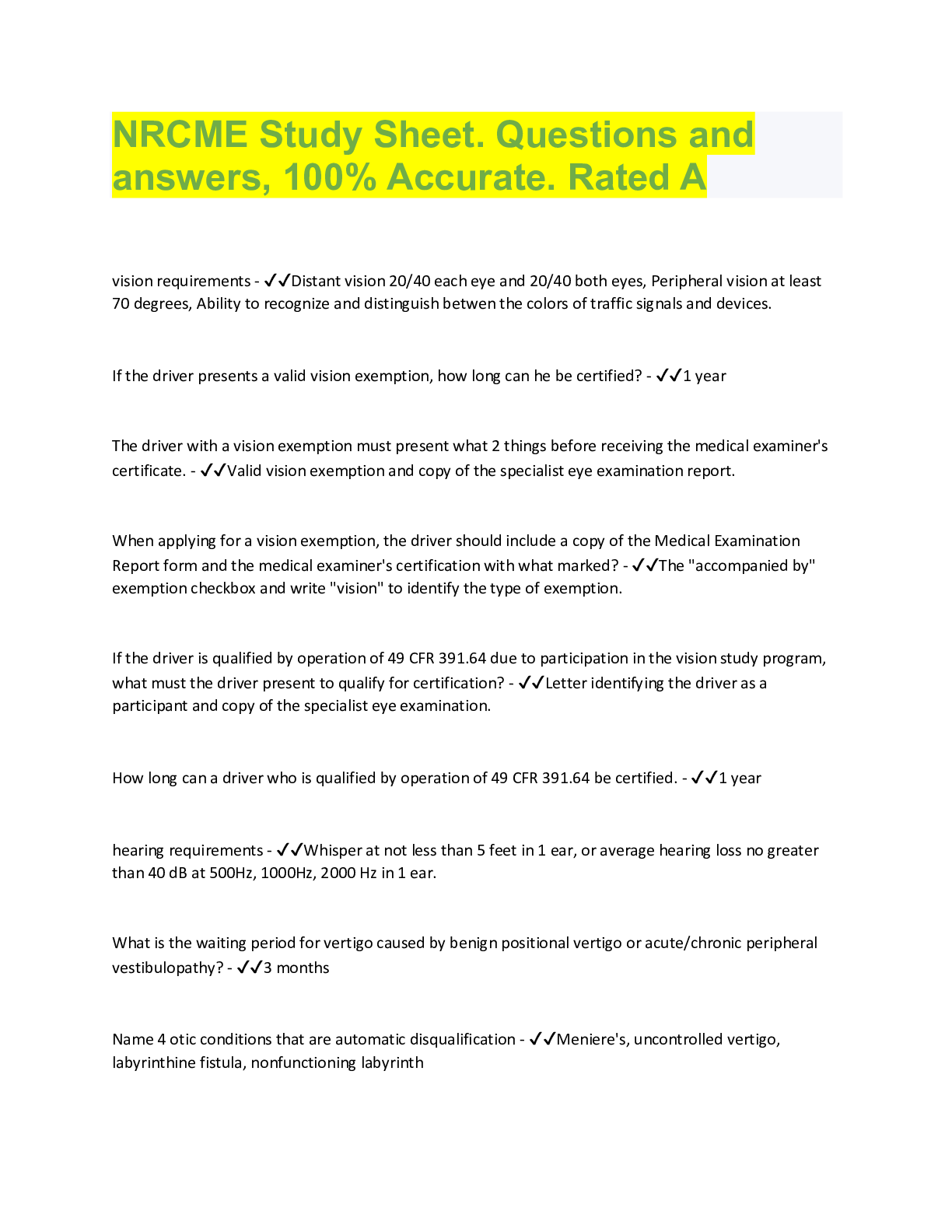 NRCME Study Sheet| 263 QUESTIONS| WITH COMPLETE SOLUTIONS ...