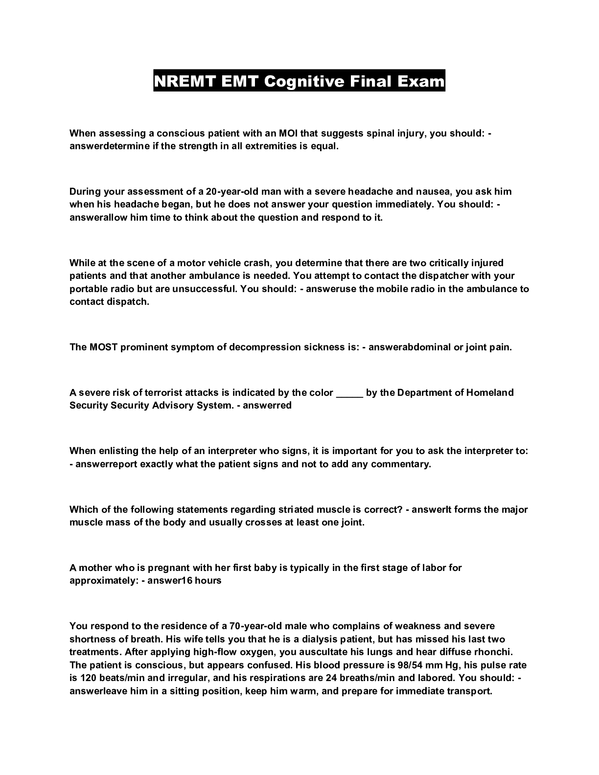 NREMT EMT Cognitive Final Exam - Scholarfriends