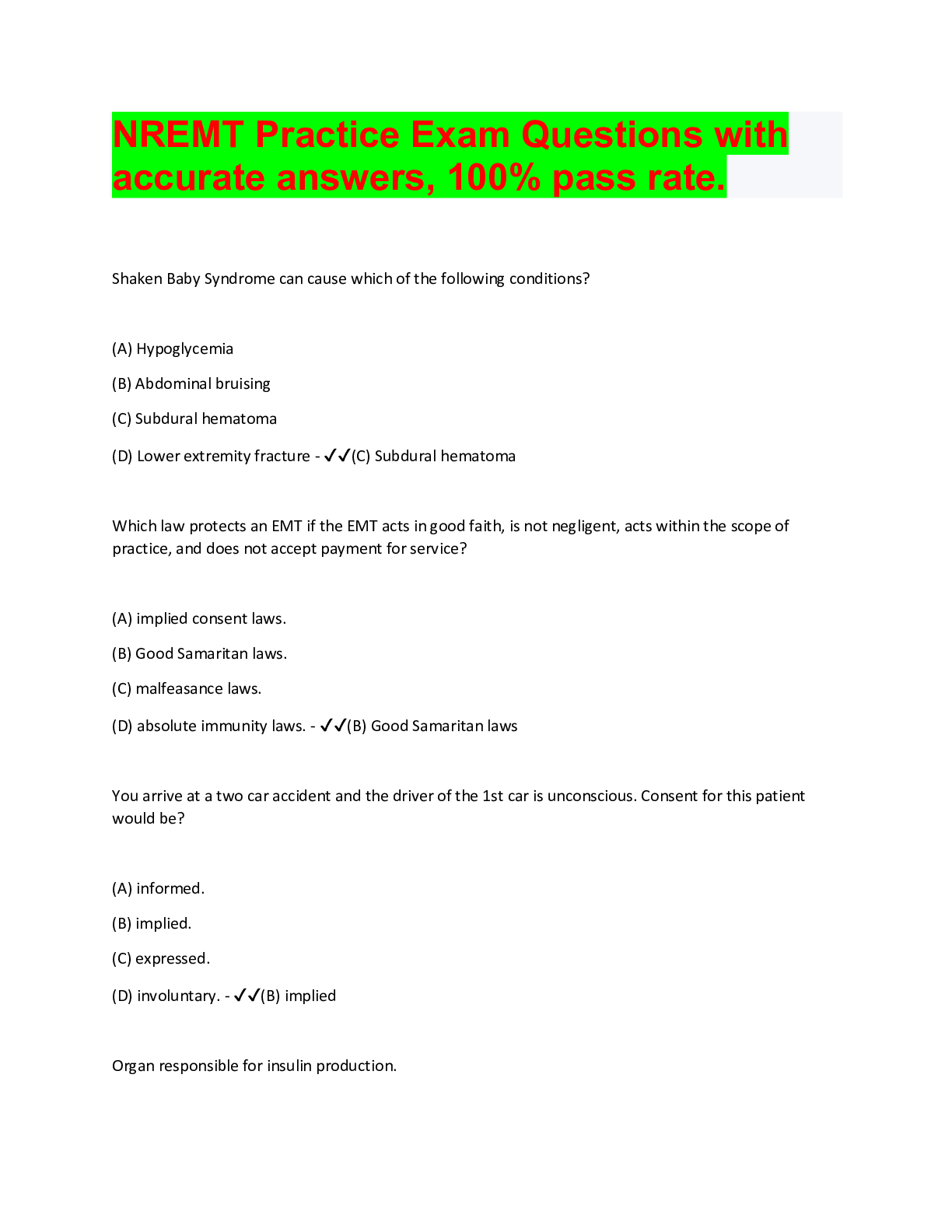 NREMT Practice Exam Questions with accurate answers, 100% pass rate ...