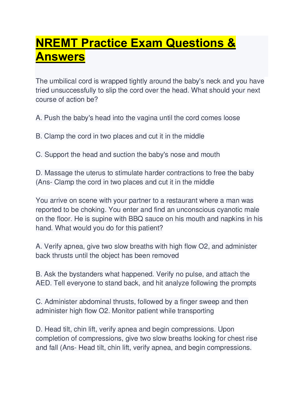 NREMT Practice Exam Questions And Answers 2022 – Scholarfriends ...