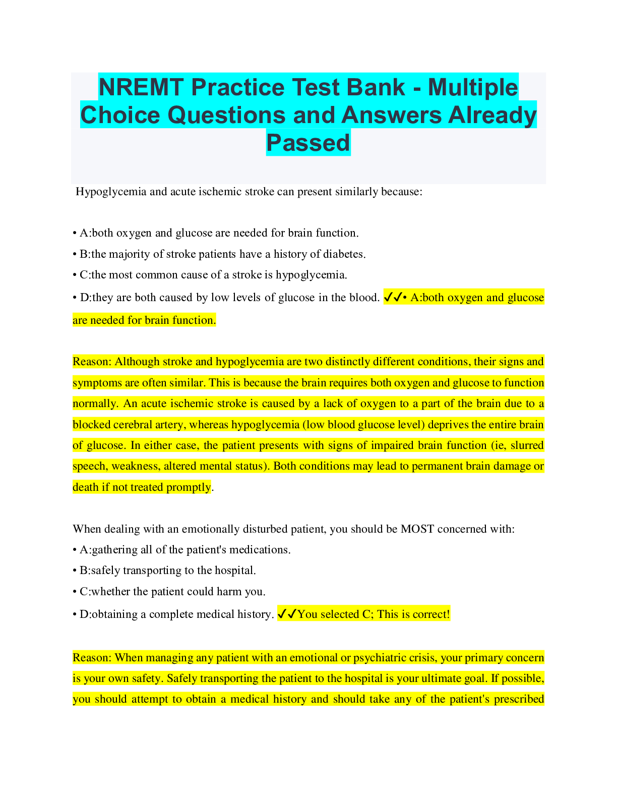 NREMT Practice Test Bank - Multiple Choice Questions and Answers ...