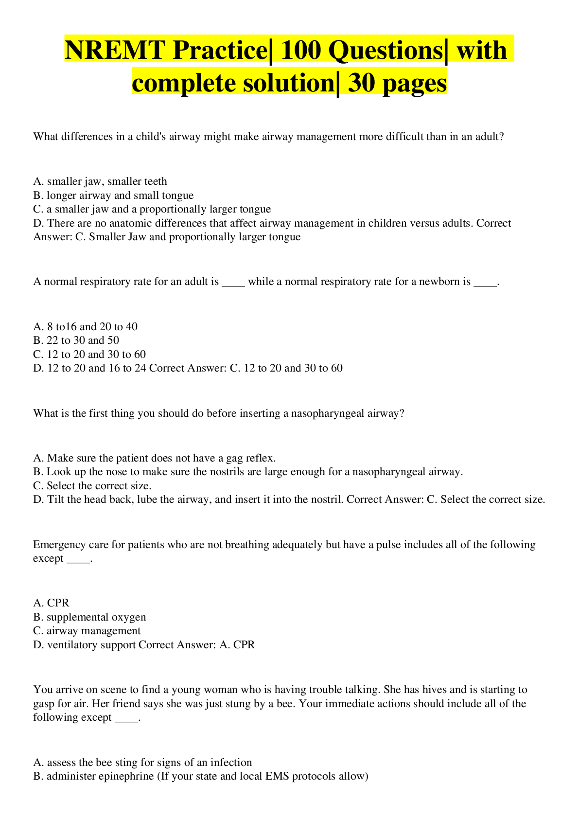 NREMT Practice| 100 Questions| with complete solution| 30 pages ...