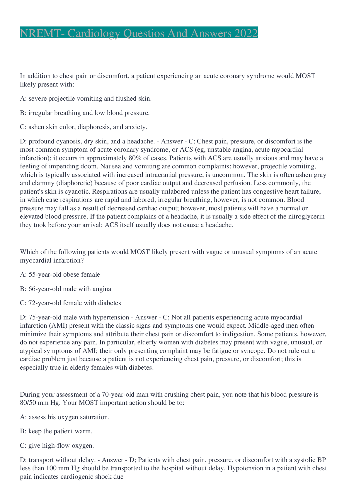 NREMT- Cardiology Questios And Answers 2022 – Scholarfriends ...