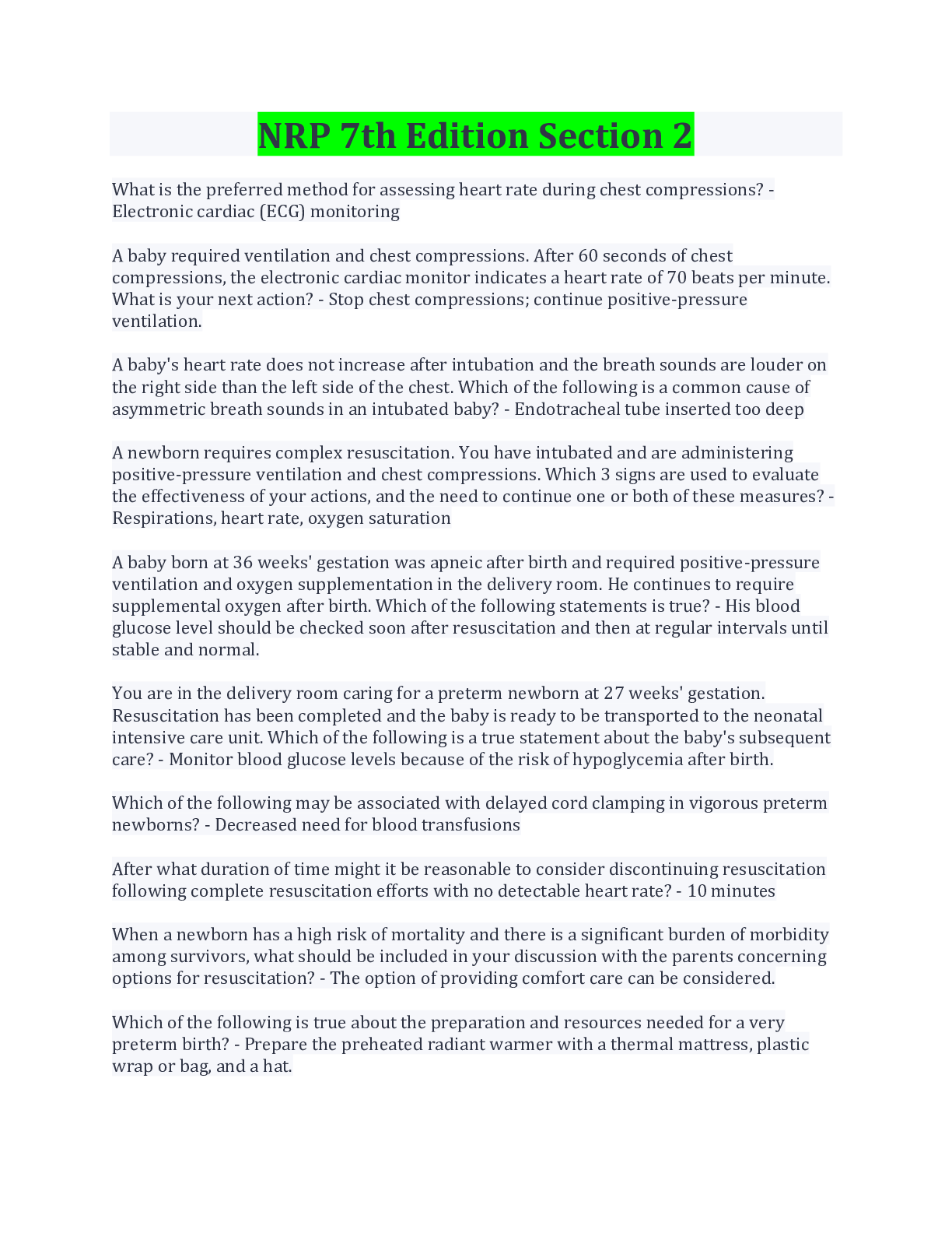 NRP 7th Edition Section 2 Questions And Answers With Complete Solution ...
