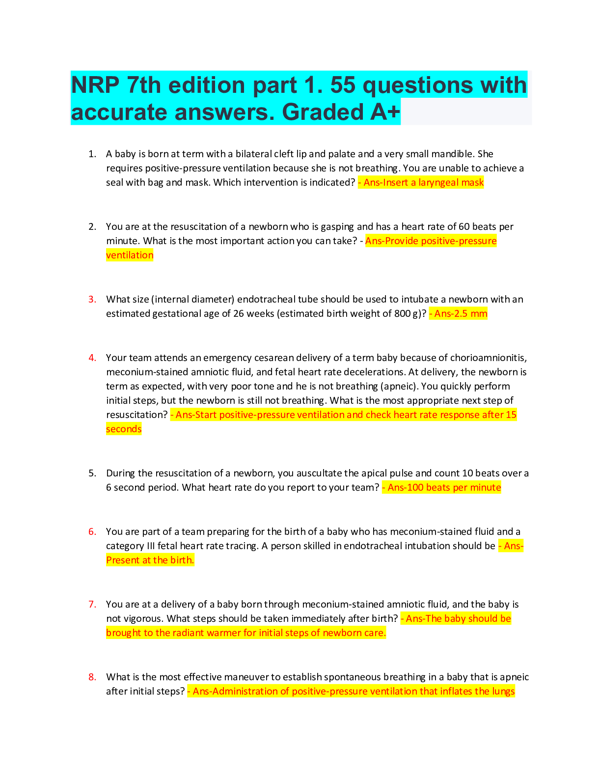 NRP 7th Edition Part 1 Questions And Answers( With Complete Best ...