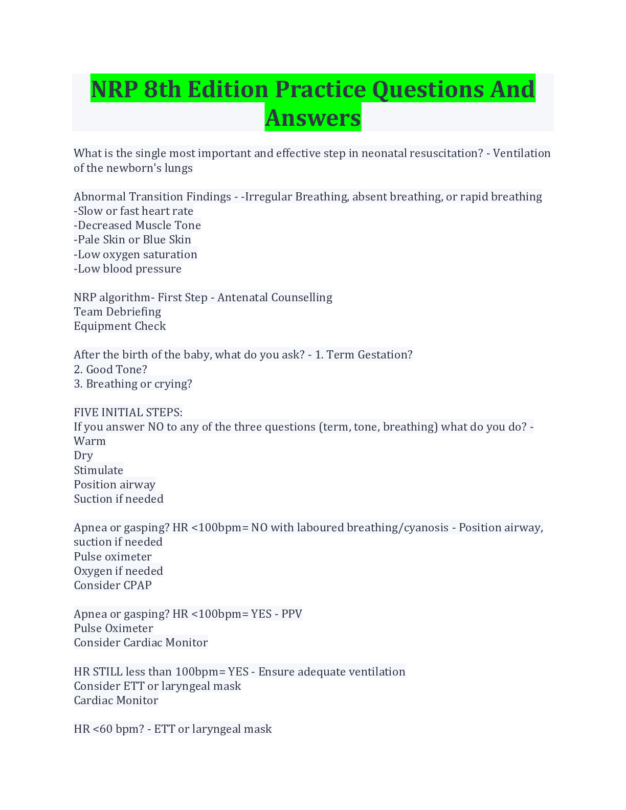 NRP 8th Edition Practice Questions And Answers Latest Update ...